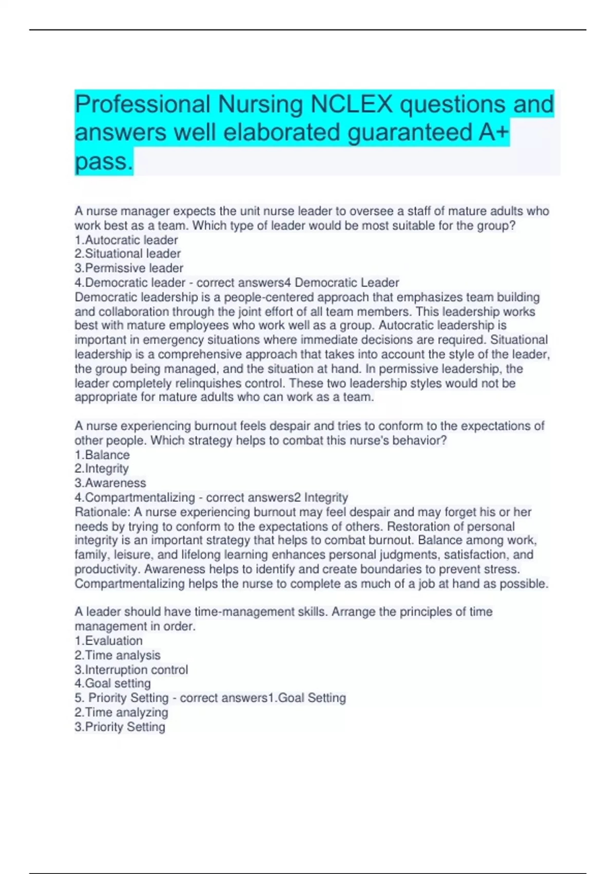 Professional Nursing NCLEX questions - Professional Nursing NCLEX ...