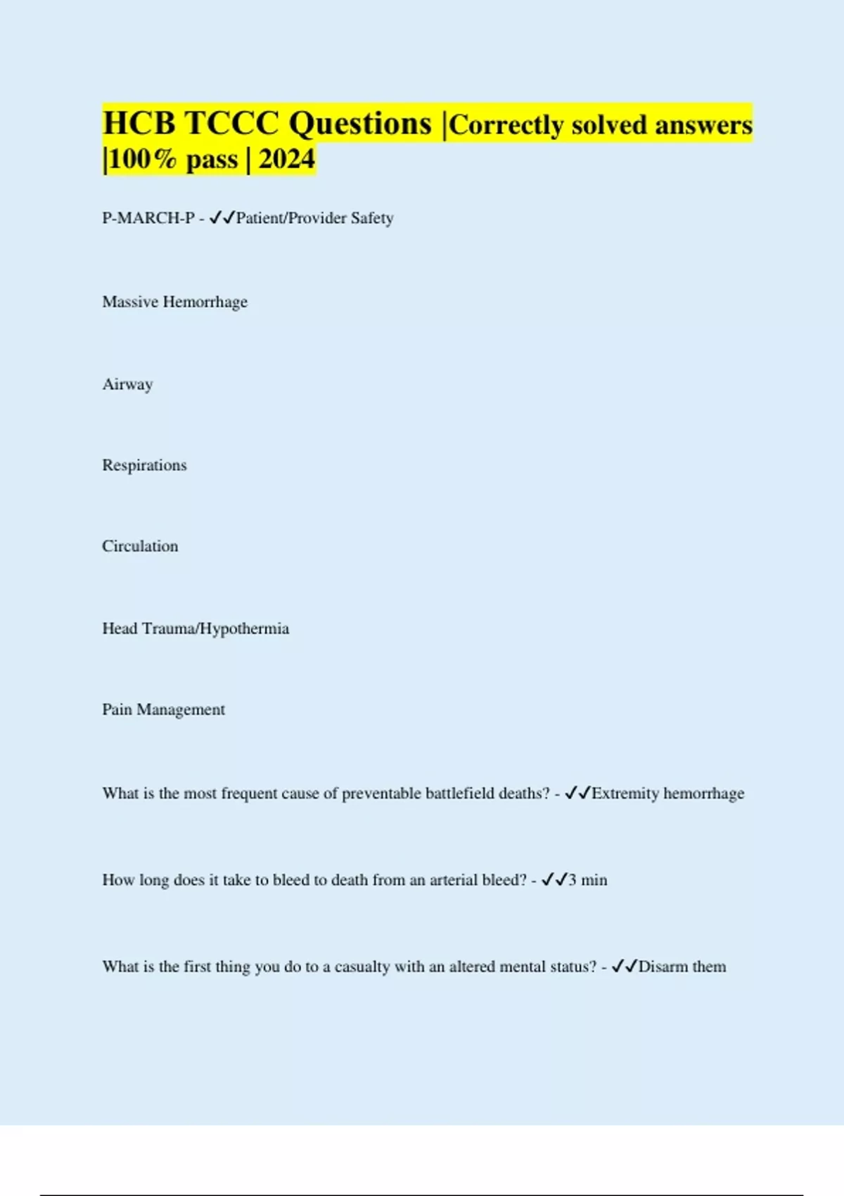 HCB TCCC Questions |Correctly solved answers |100% pass | 2024 - HCB ...