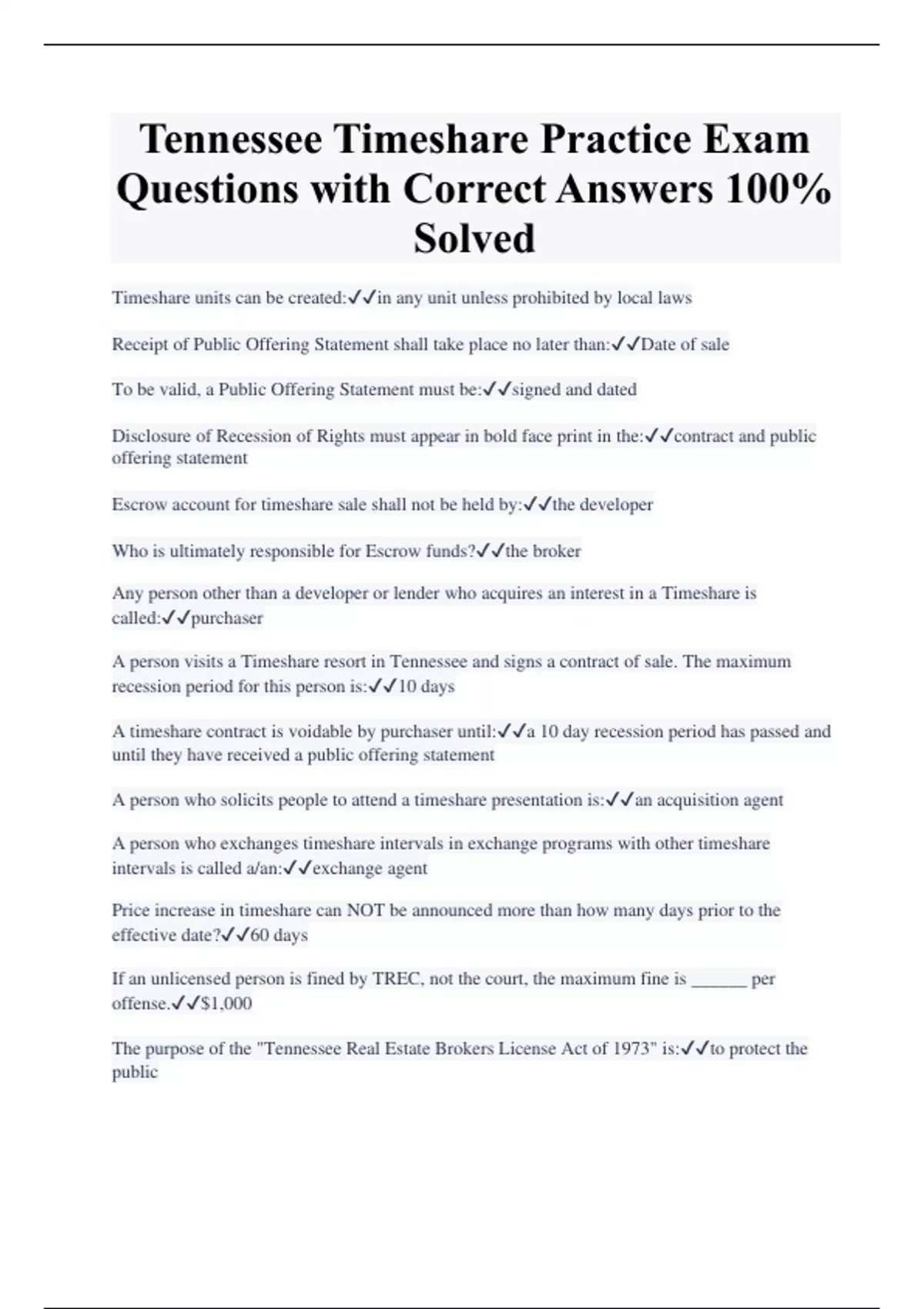 Tennessee Timeshare Practice Exam Questions with Correct Answers 100% ...