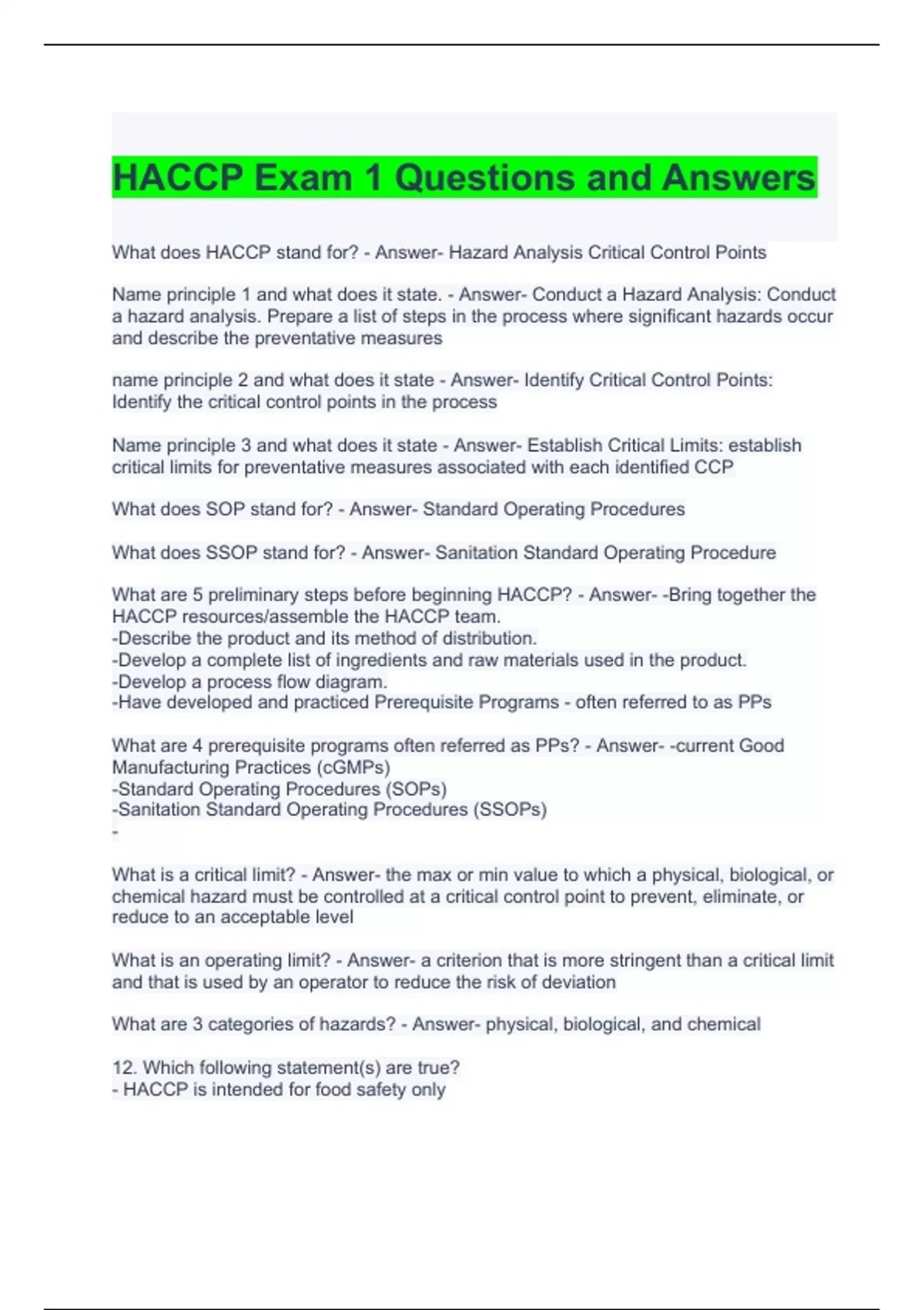 HACCP Exam 1 Questions and Answers - HACCP - Stuvia US