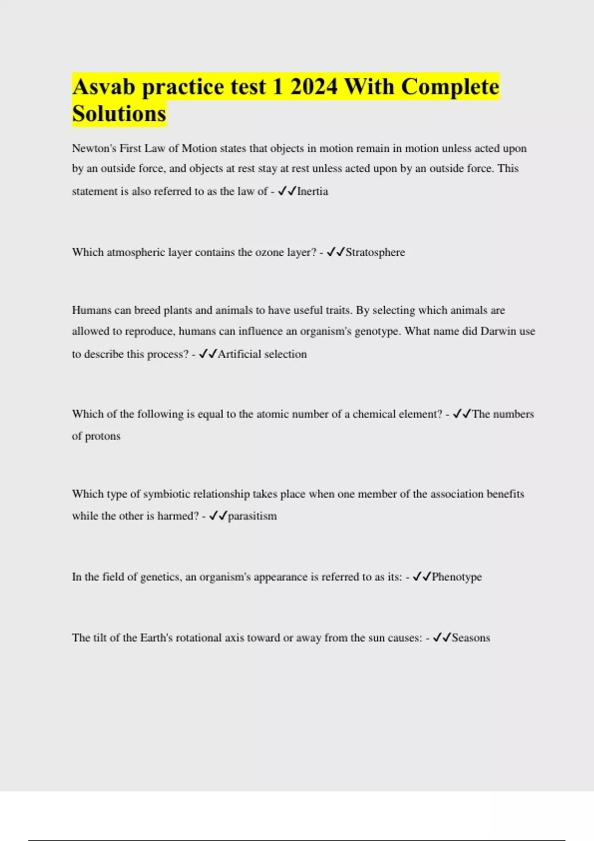 Asvab practice test 1 2024 With Complete Solutions - ASVAB - Stuvia US