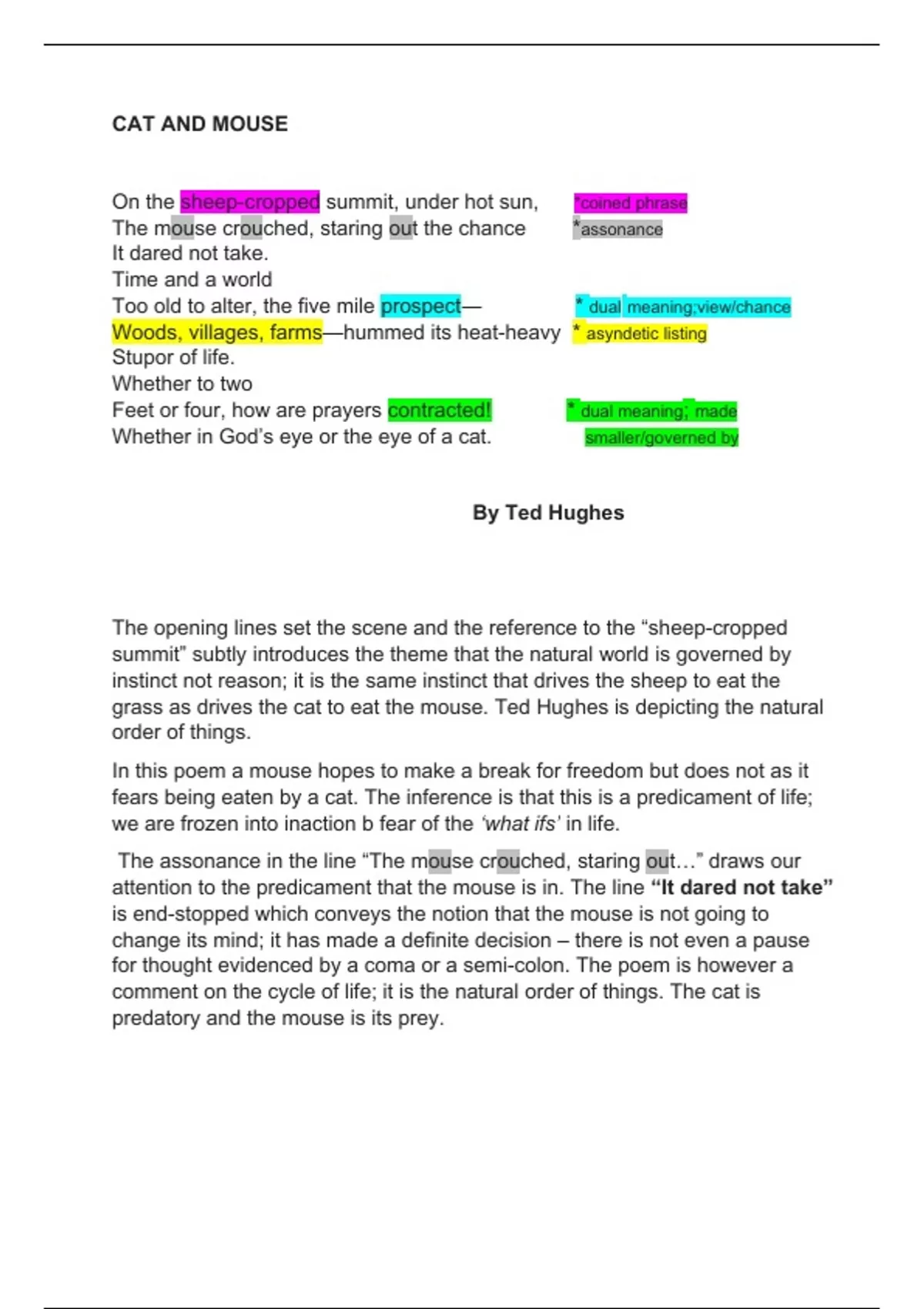 Revision Notes Ted Hughes' poem "Cat and Mouse" - Literature - Stuvia UK
