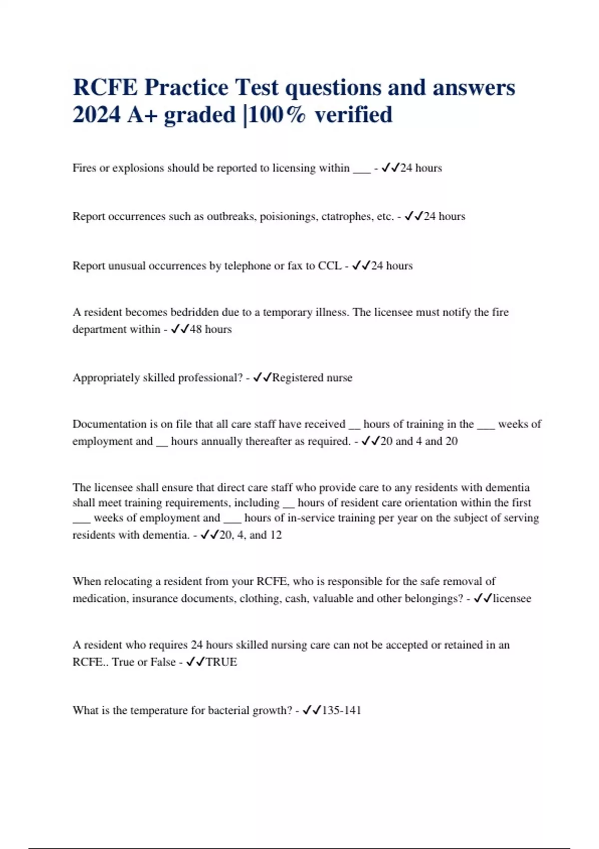 RCFE Practice Test questions and answers 2024 A+ graded |100% verified ...