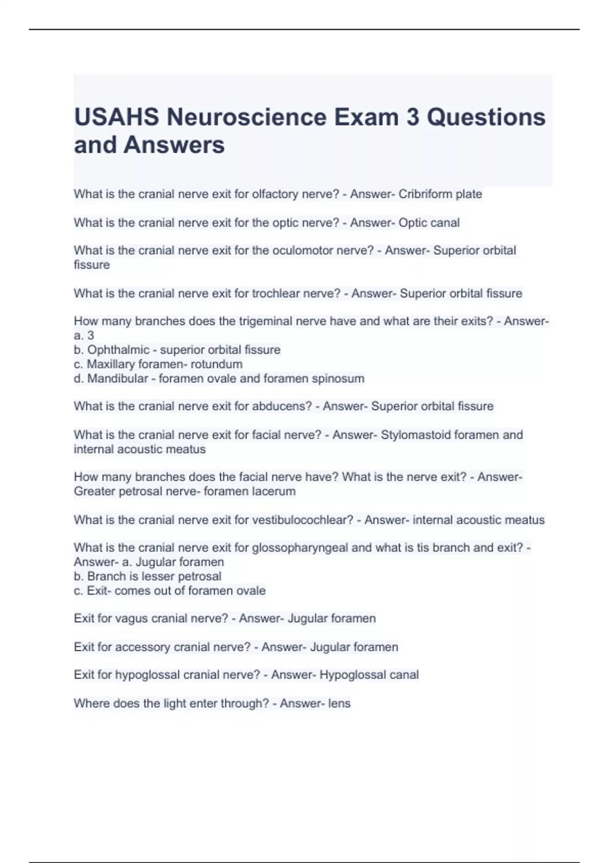 USAHS Neuroscience Exam 3 Questions and Answers - USAHS Neuroscience ...