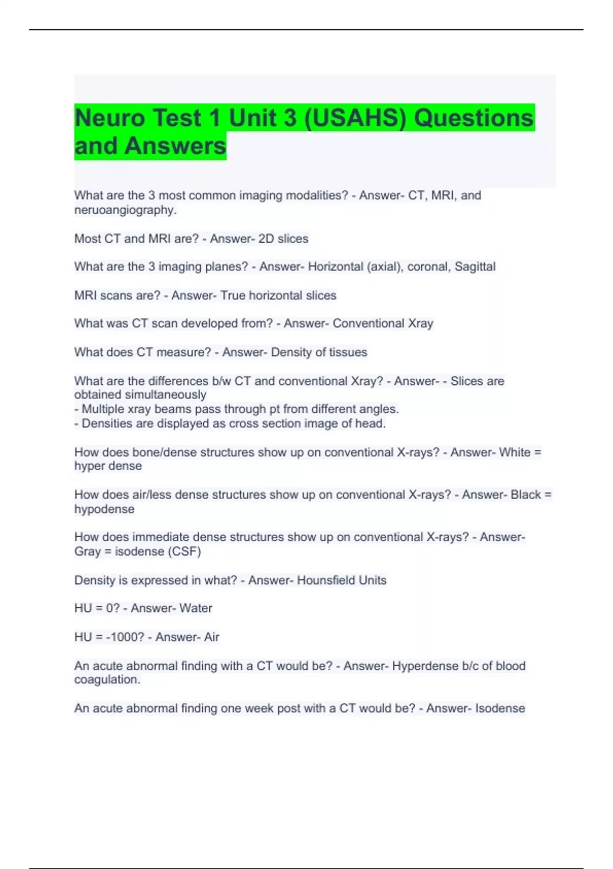 Neuro Test 1 Unit 3 (USAHS) Questions and Answers - USAHS Neuroscience ...