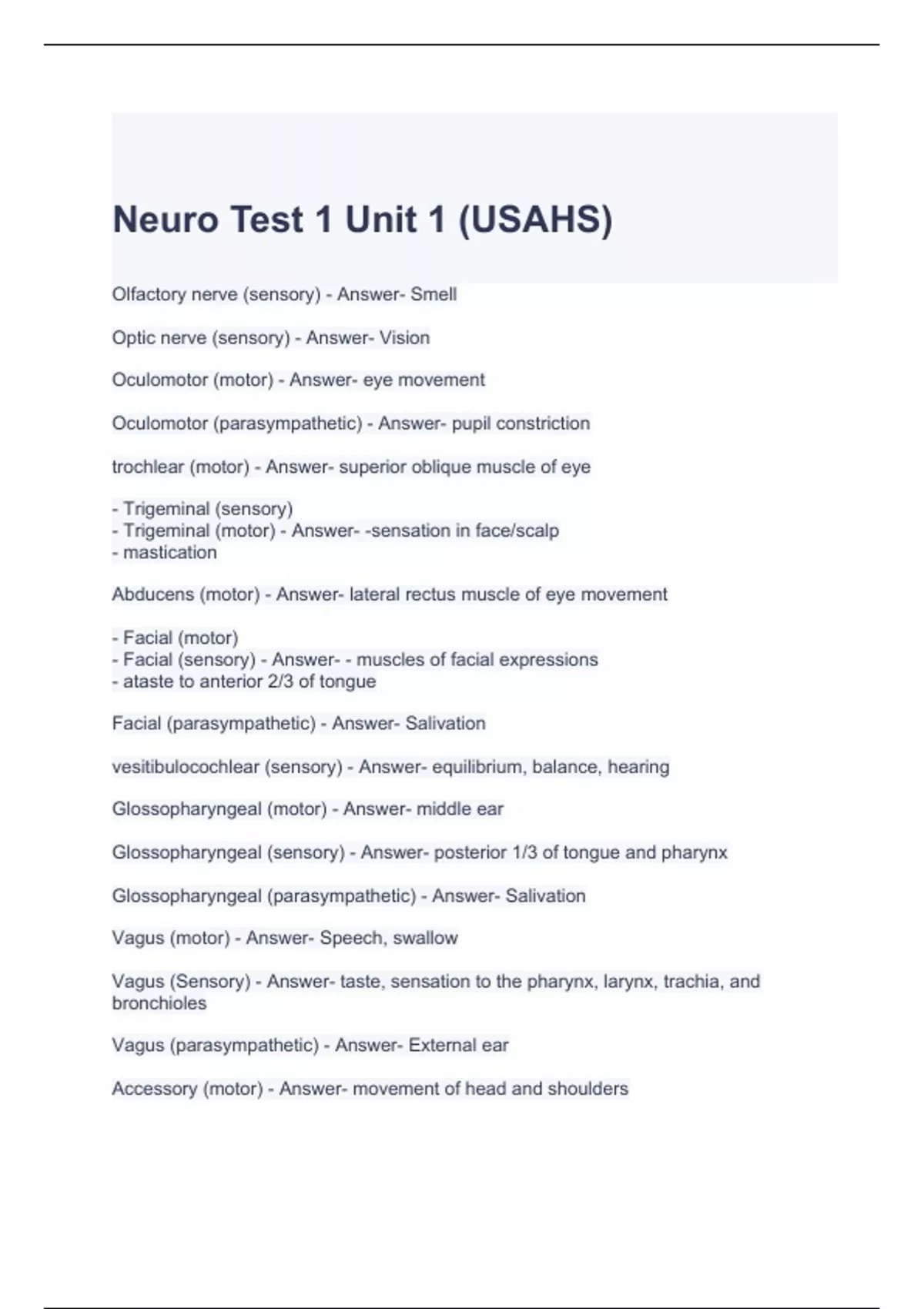 Neuro Test 1 Unit 1 (USAHS) Questions and Answers - USAHS Neuroscience ...