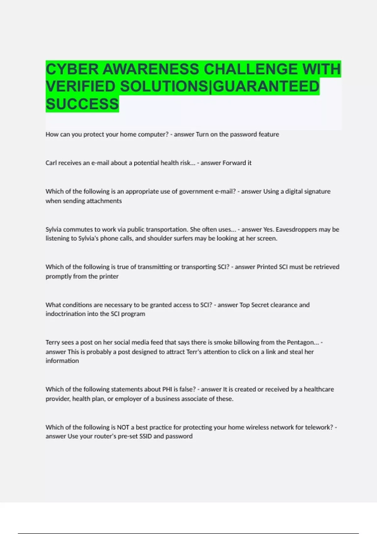 CYBER AWARENESS CHALLENGE WITH VERIFIED SOLUTIONS GUARANTEED SUCCESS ...