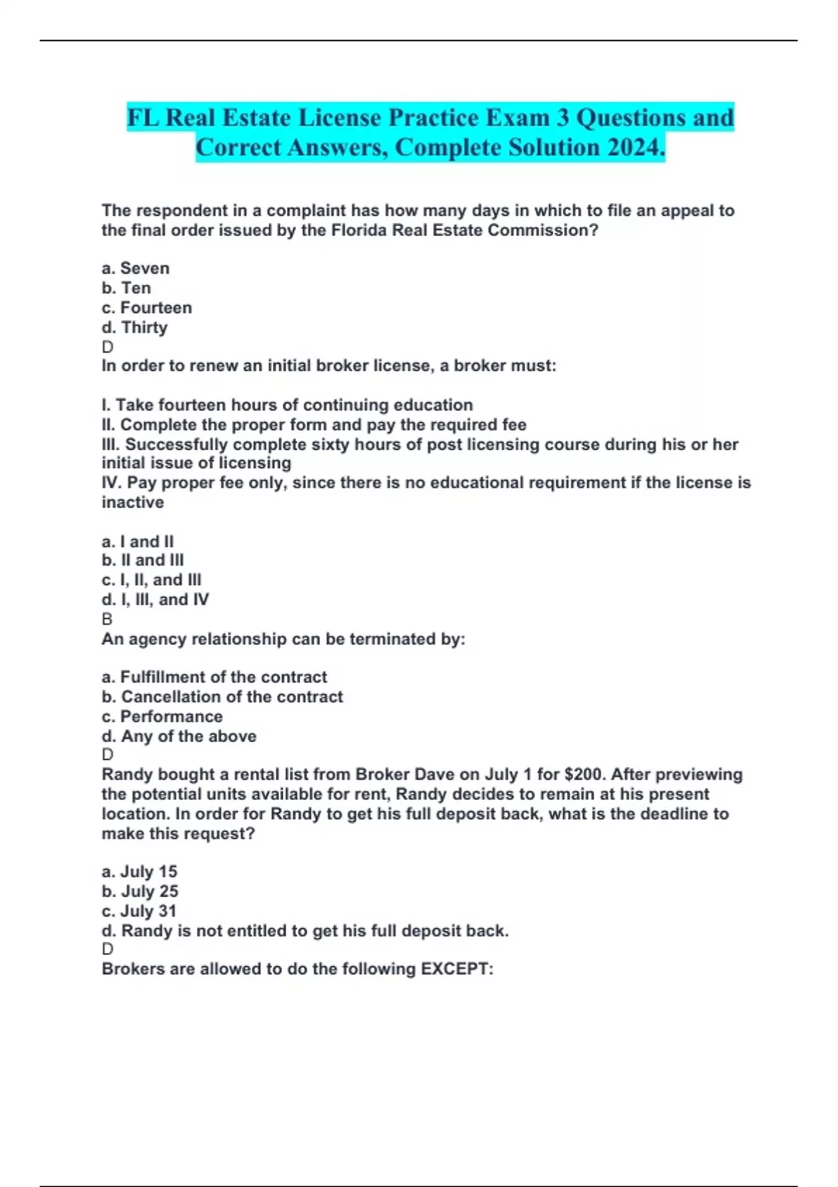 FL Real Estate License Practice Exam 3 Questions and Correct Answers ...