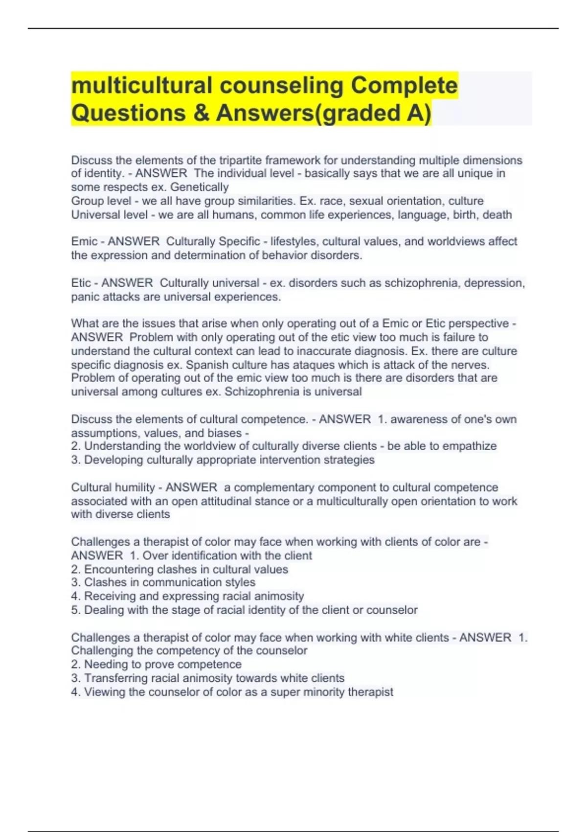multicultural counseling Complete Questions & Answers(graded A ...