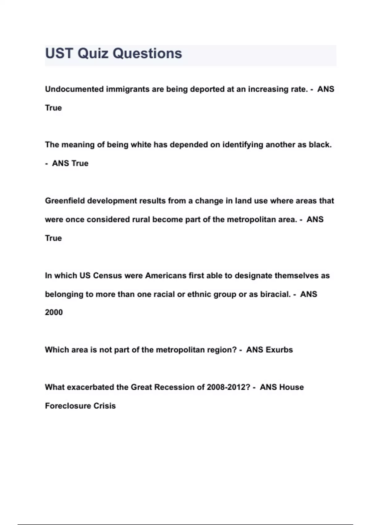 UST Quiz Questions & Answers 2024 ( A+ GRADED 100% VERIFIED) - UST Inspector Eam - Stuvia US