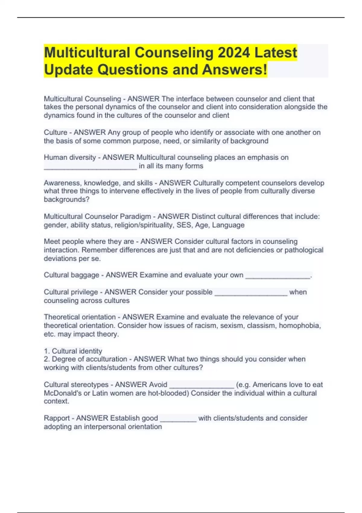 Multicultural Counseling 2024 Latest Update Questions and Answers ...