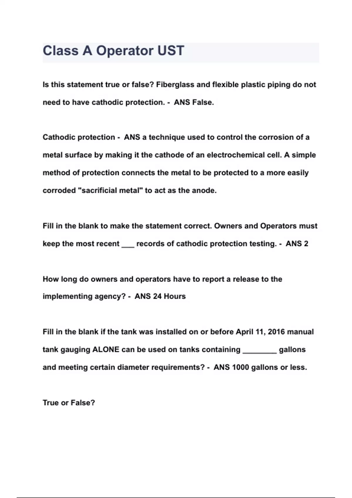 Class A Operator UST Questions & Answers 2024 ( A+ GRADED 100%) - Ust ...