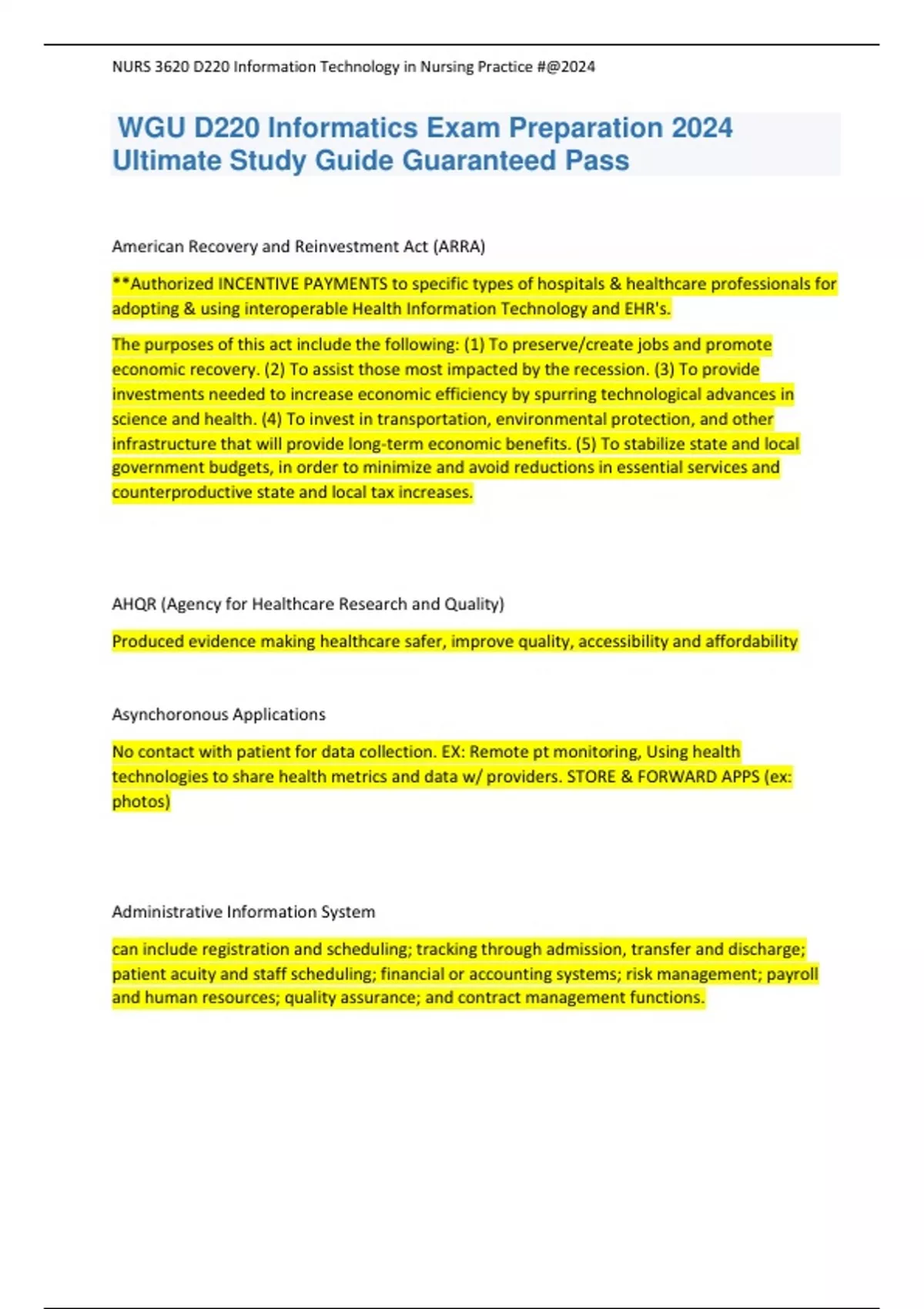 WGU D220 Informatics Exam Preparation 2024 Ultimate Study Guide Guaranteed Pass - D220 ...
