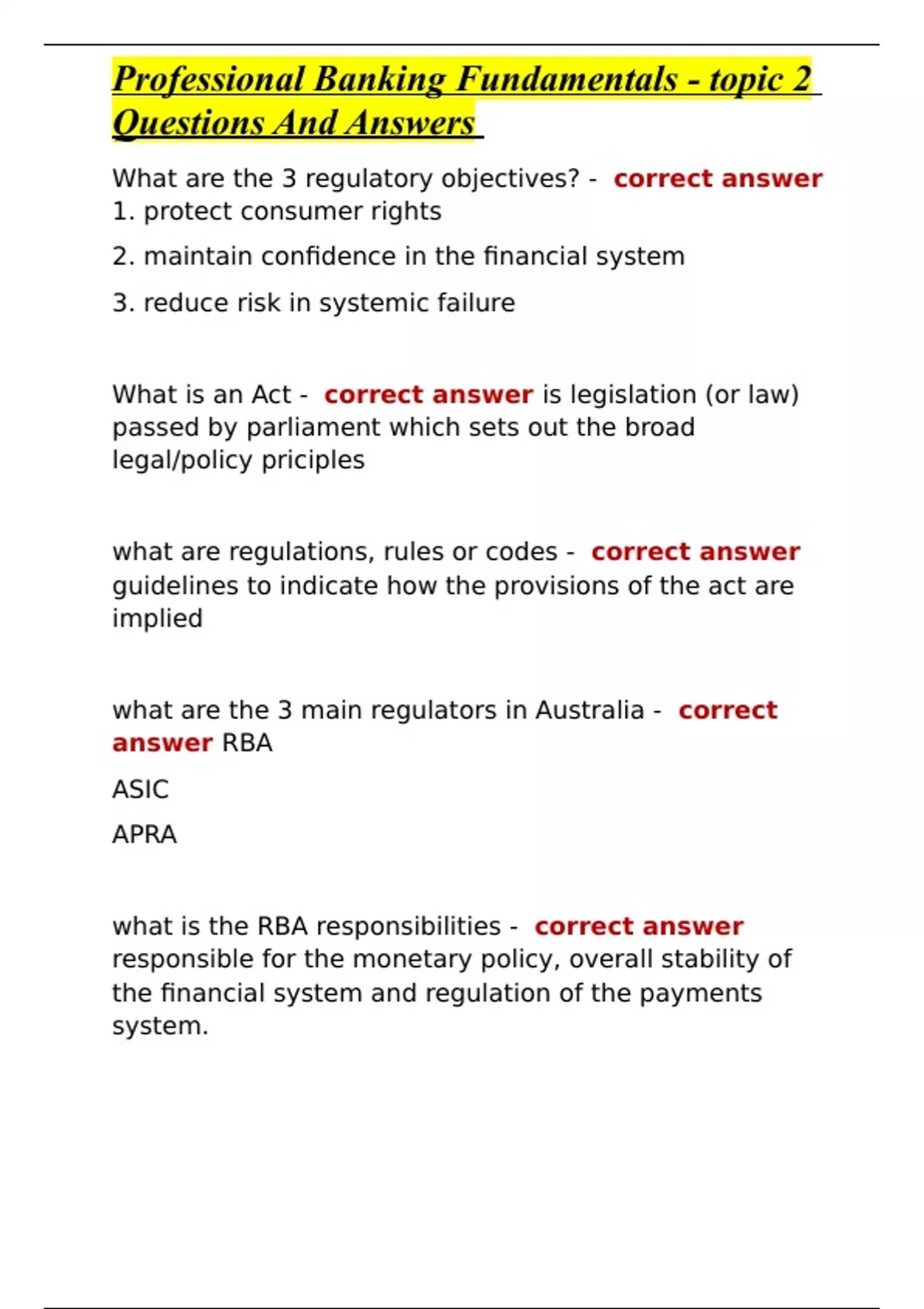 Professional Banking Fundamentals - topic 2 Questions And Answers ...