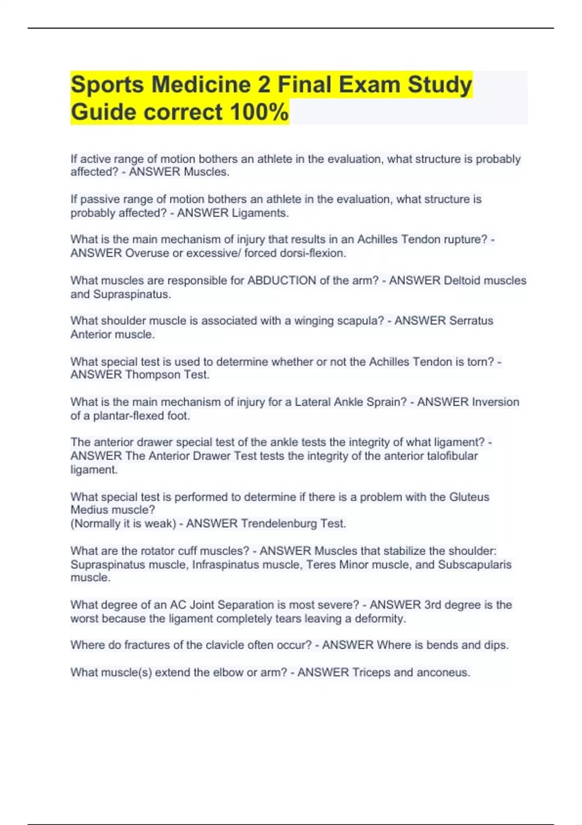 Sports Medicine 2 Final Exam Study Guide correct 100% - Sports Medicine ...