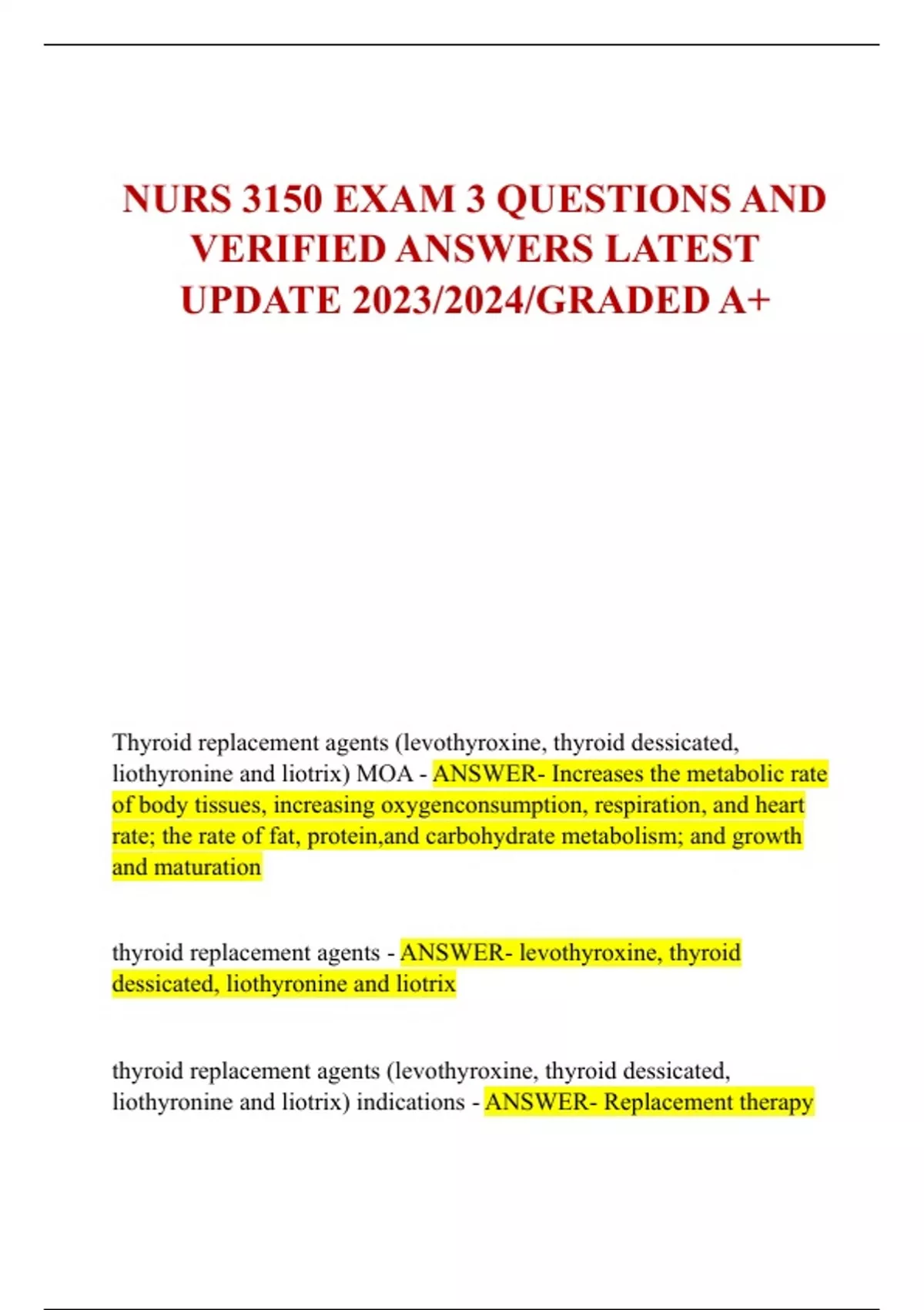 NURS 3150 EXAM 3 QUESTIONS AND VERIFIED ANSWERS LATEST UPDATE 2023/2024 ...