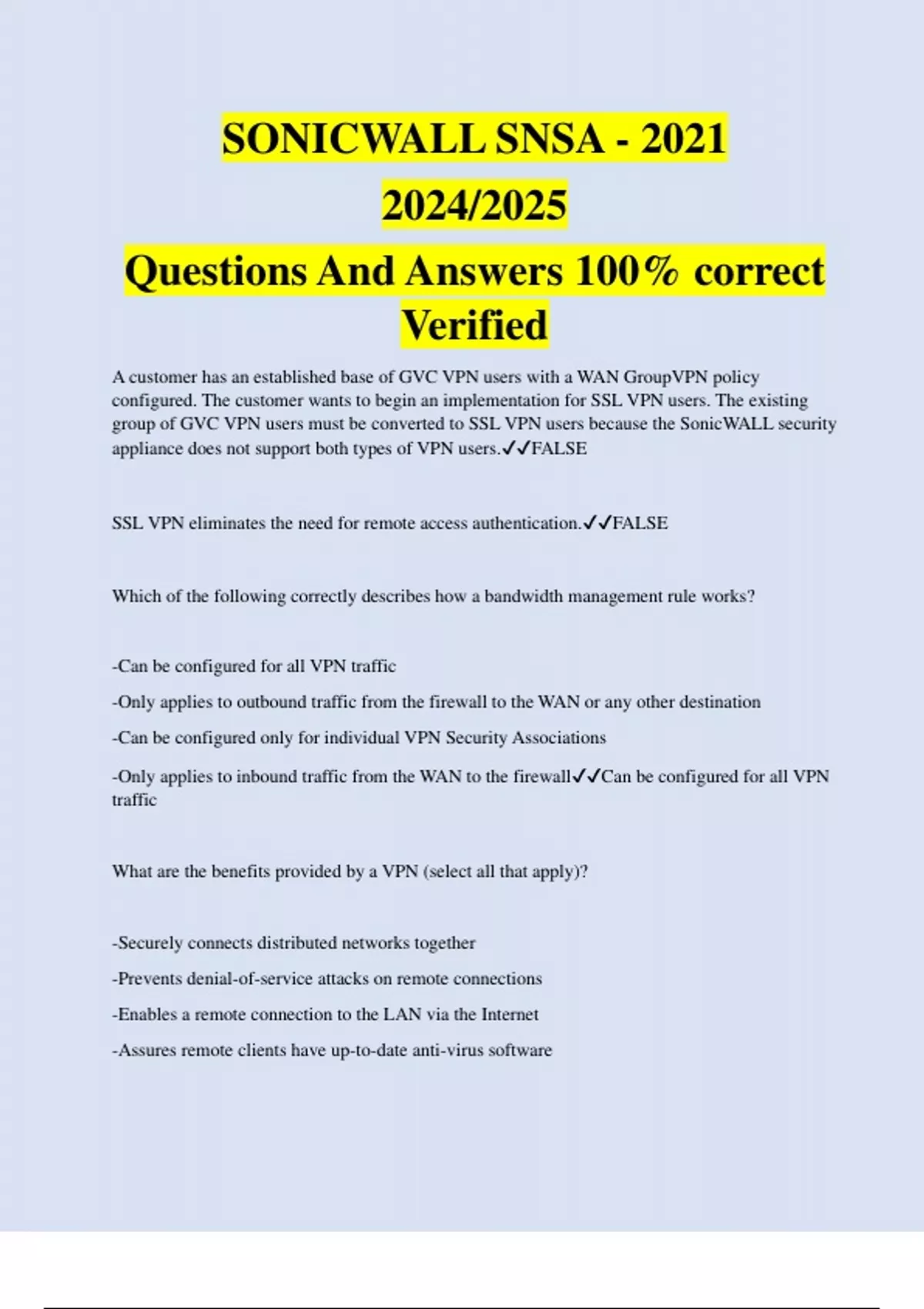 SONICWALL SNSA - /2025 Questions And Answers 100% correct Verified - Sonicwal SNSA - Stuvia US