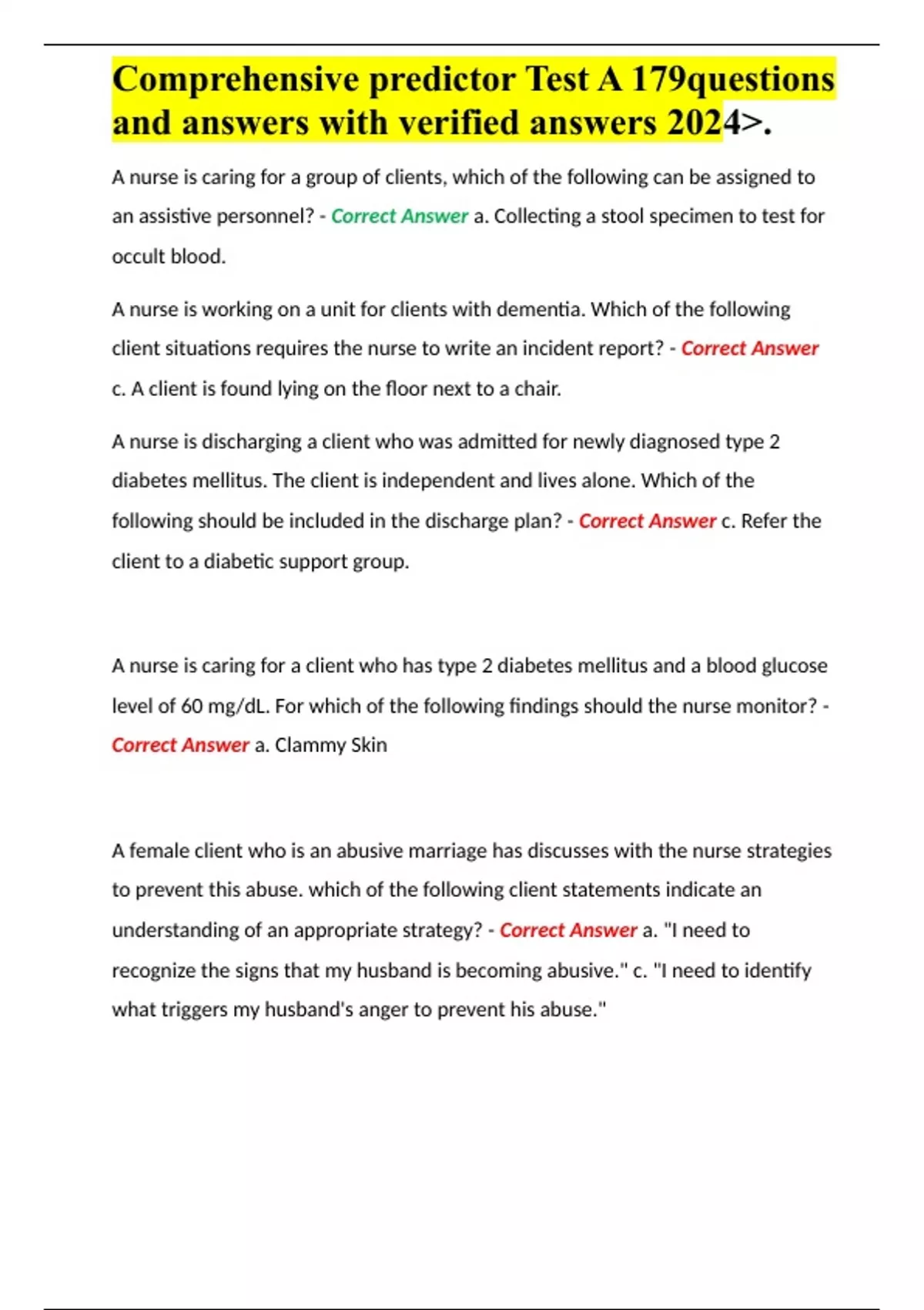 Comprehensive predictor Test A 179questions and answers with verified ...