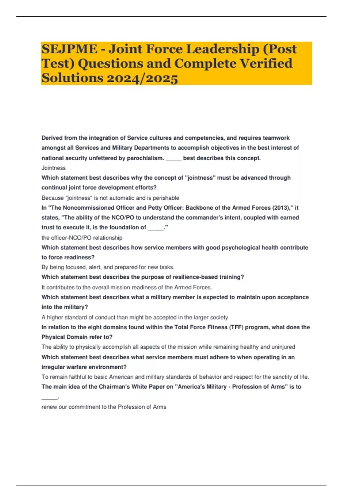 SEJPME - Joint Force Leadership (Post Test) Questions and Complete ...