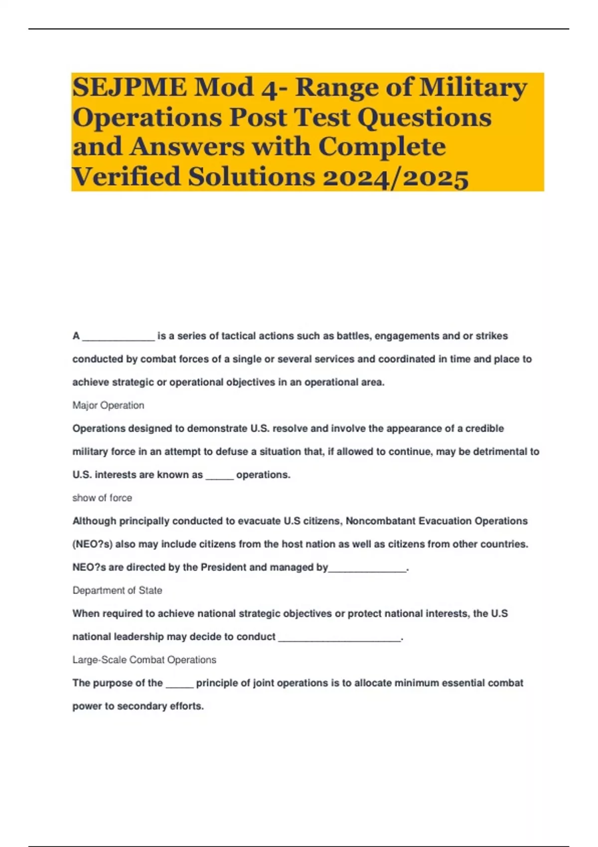 SEJPME Mod 4- Range of Military Operations Post Test Questions and ...