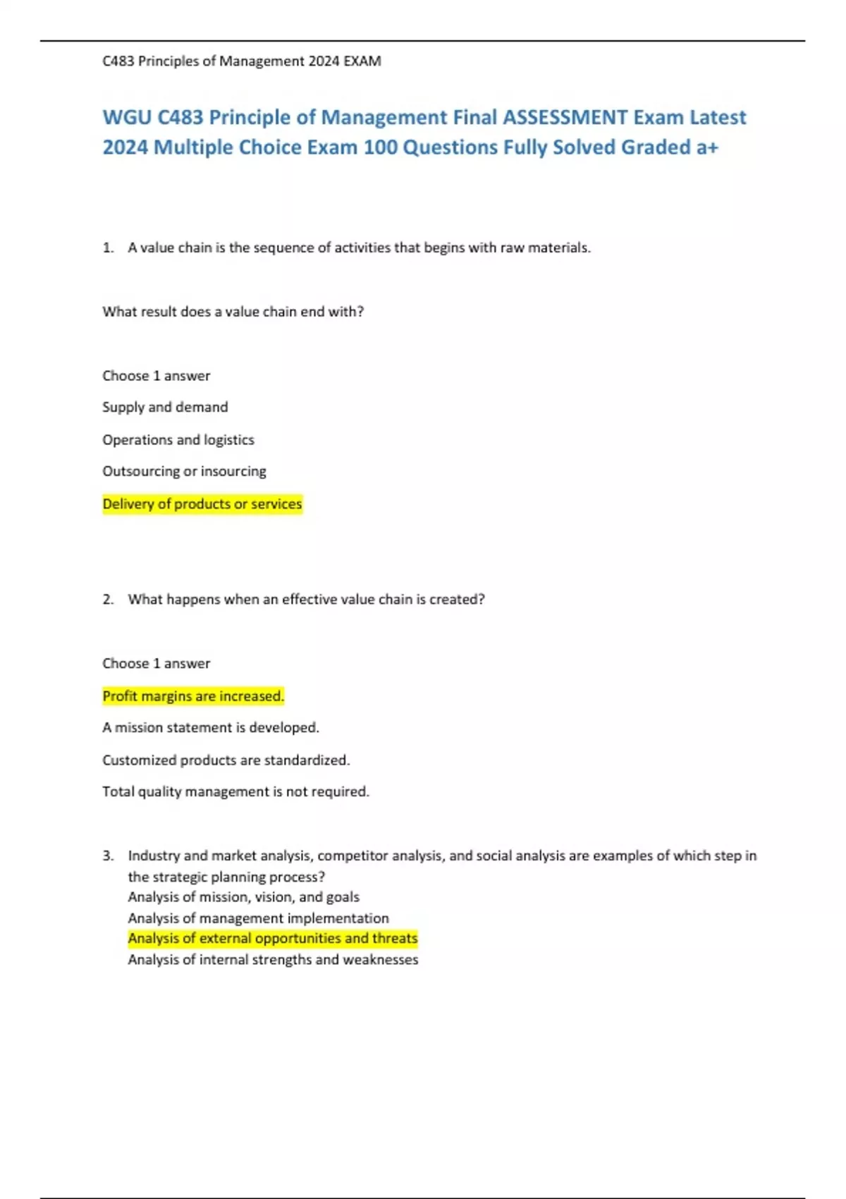 WGU C483 Principle of Management Final ASSESSMENT Exam Latest 2024 ...