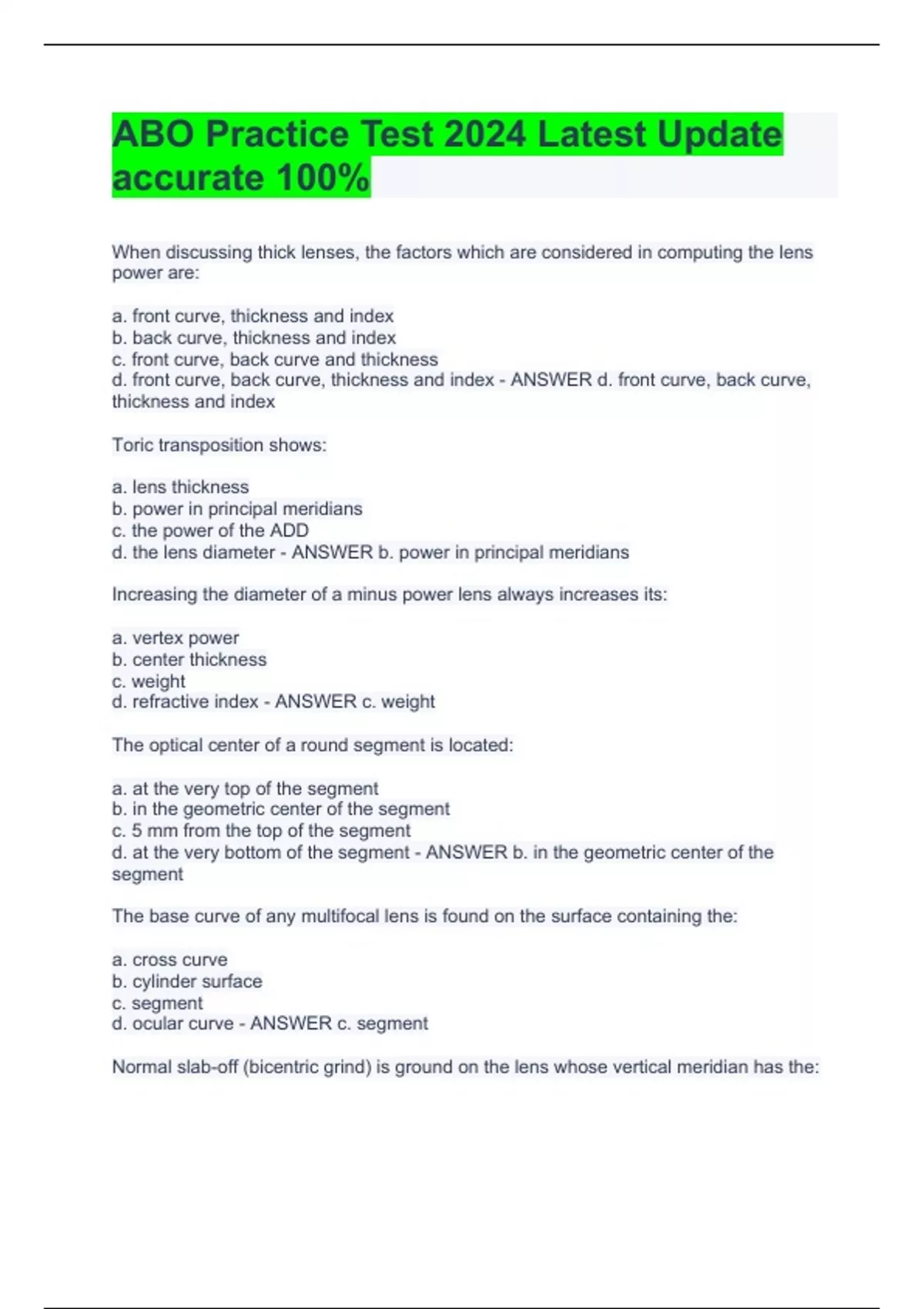 ABO Practice Test 2024 Latest Update accurate 100% - ABO - Stuvia US