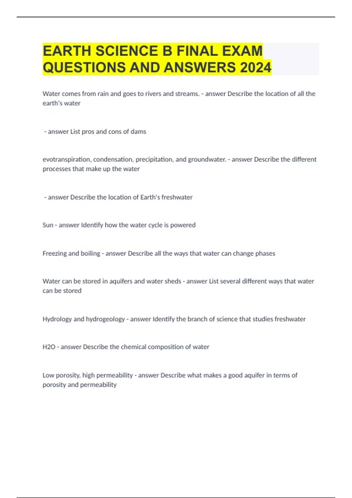 EARTH SCIENCE B - SEMESTER B REVIEW PRACTICE EXAM QUESTIONS AND ANSWERS ...