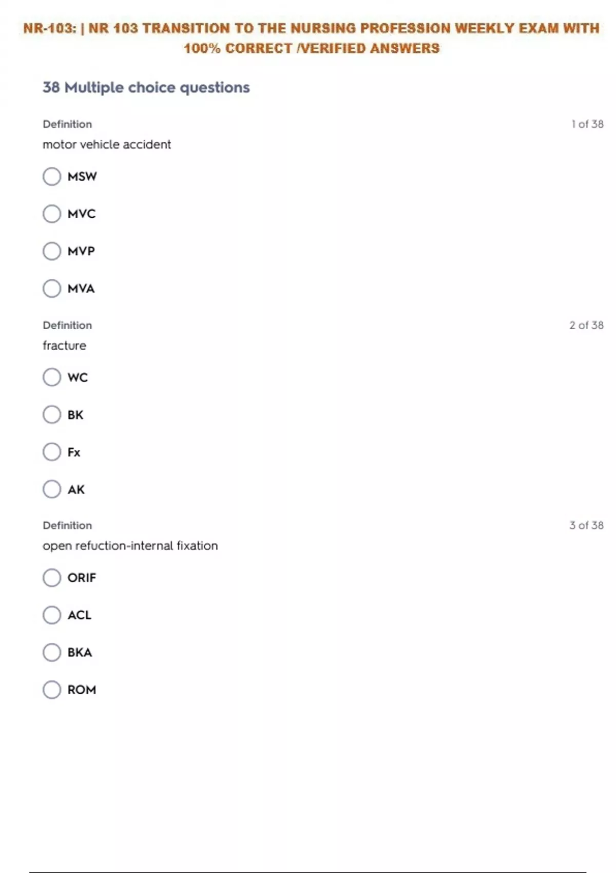 NR-103: | NR 103 TRANSITION TO THE NURSING PROFESSION WEEK 3 EXAM WITH ...