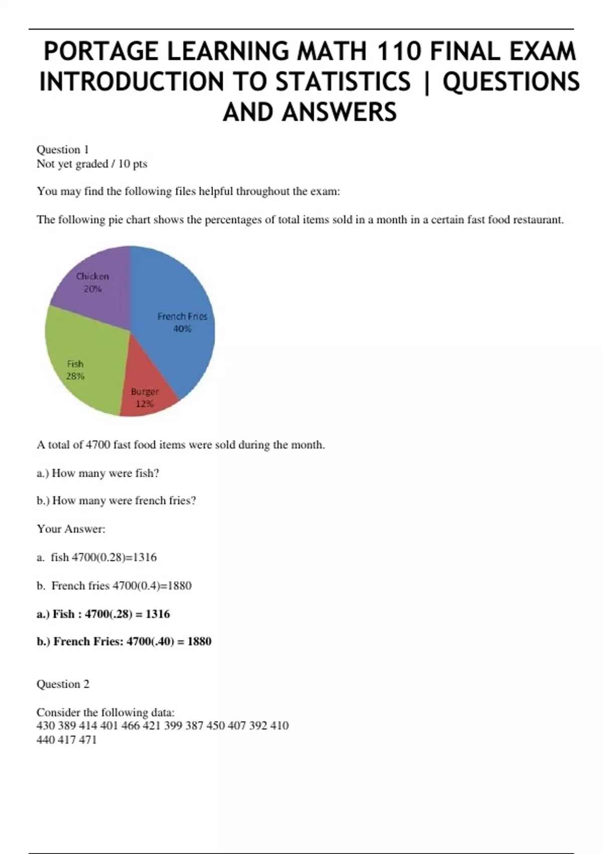 Portage Learning Math 110 Final Exam Introduction To Statistics Questions And Answers