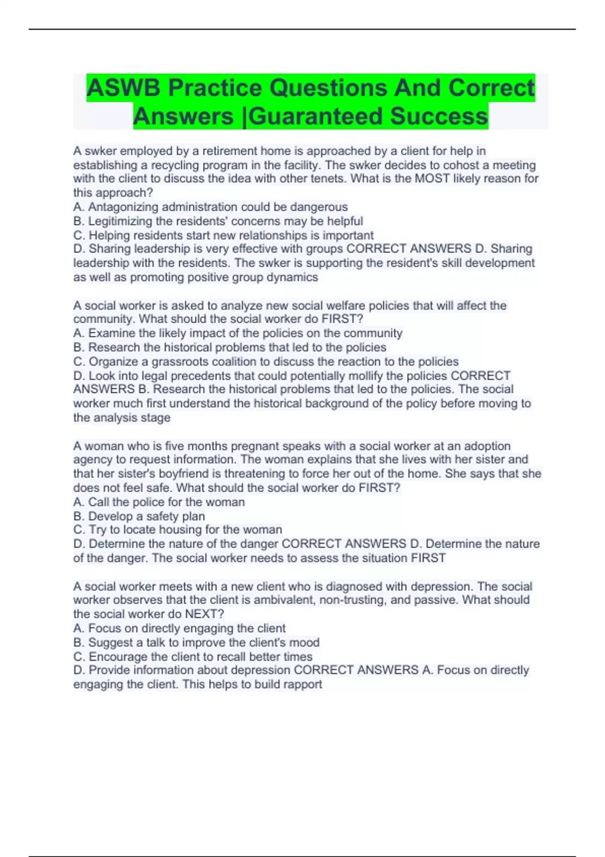 ASWB Practice Questions And Correct Answers |Guaranteed Success - ASWB ...