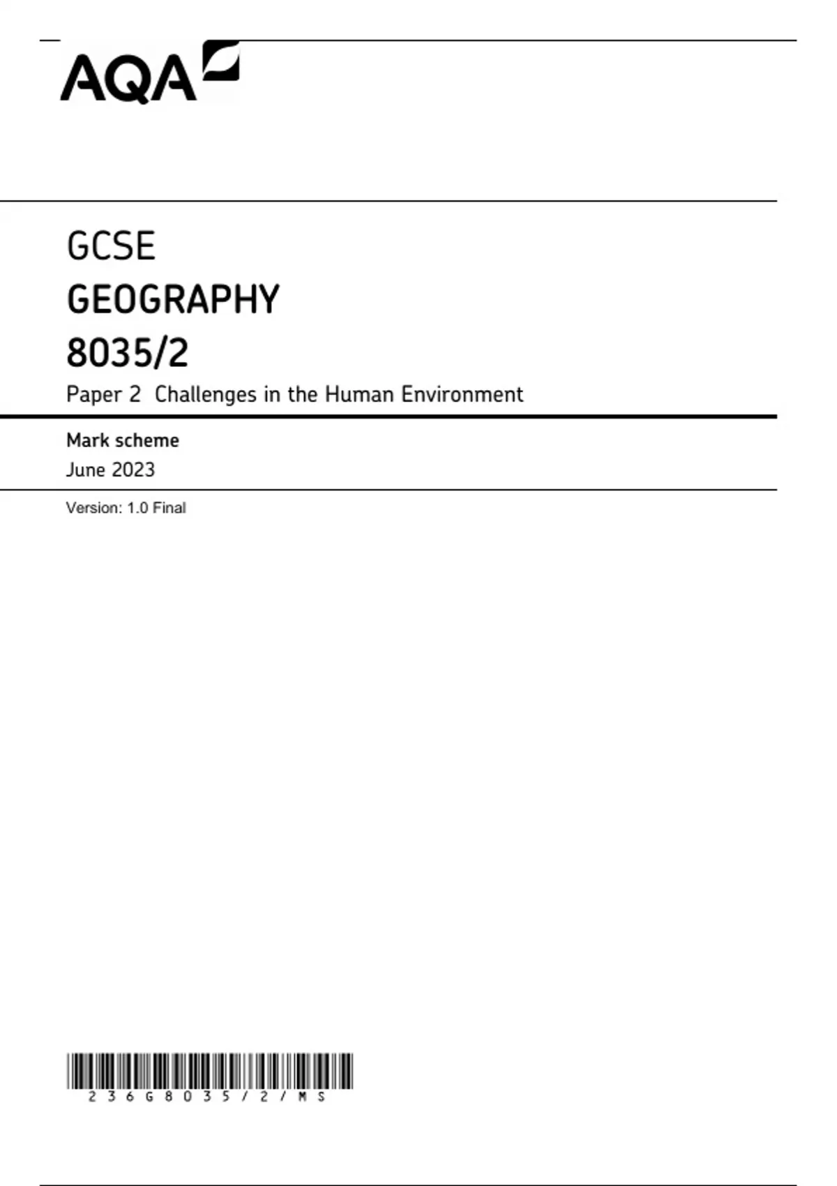 GCSE AQA June 2023 Geography Paper 2 Mark Scheme - Geography - Stuvia UK