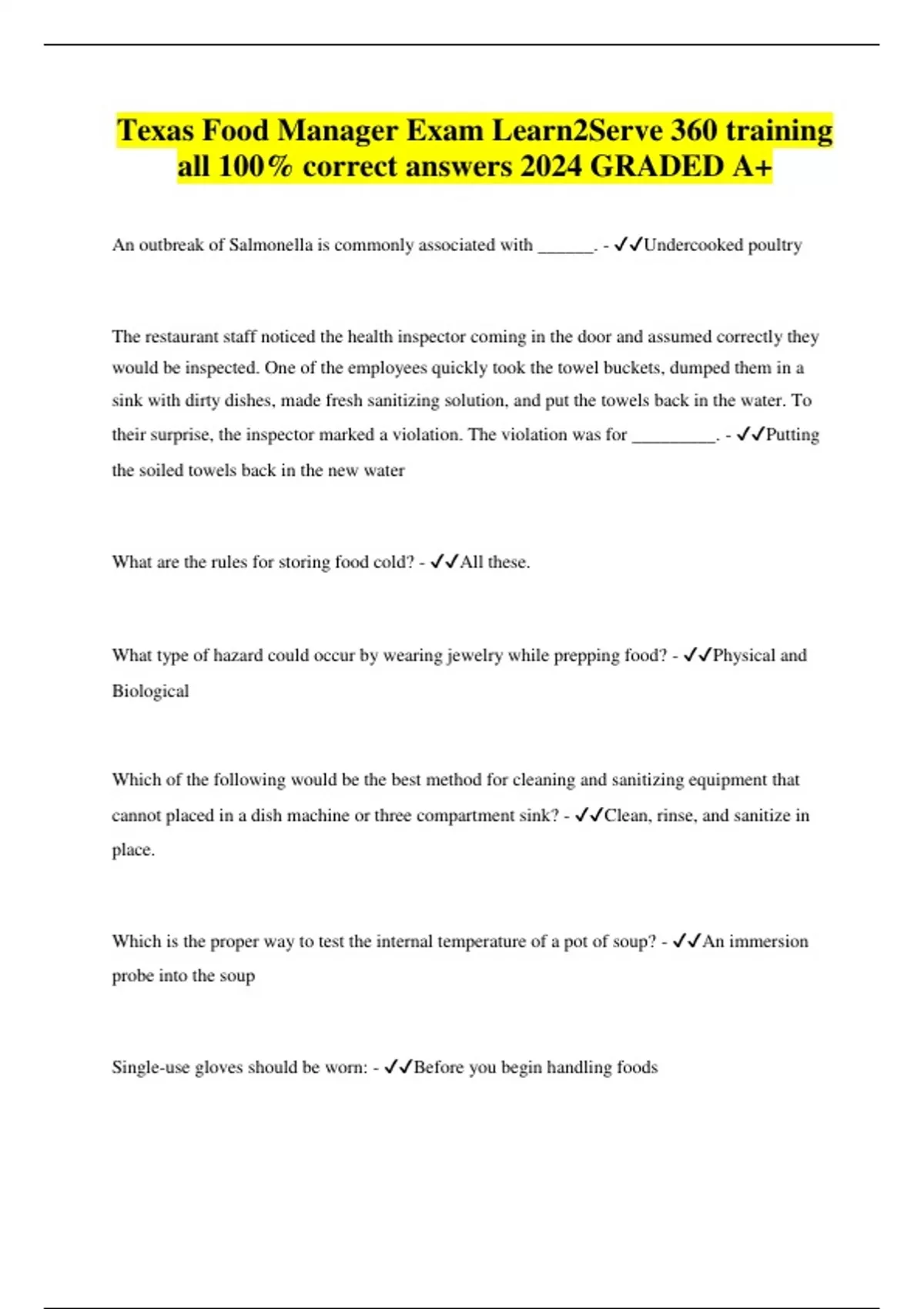 Texas Food Manager Exam Learn2Serve 360 training all 100% correct ...