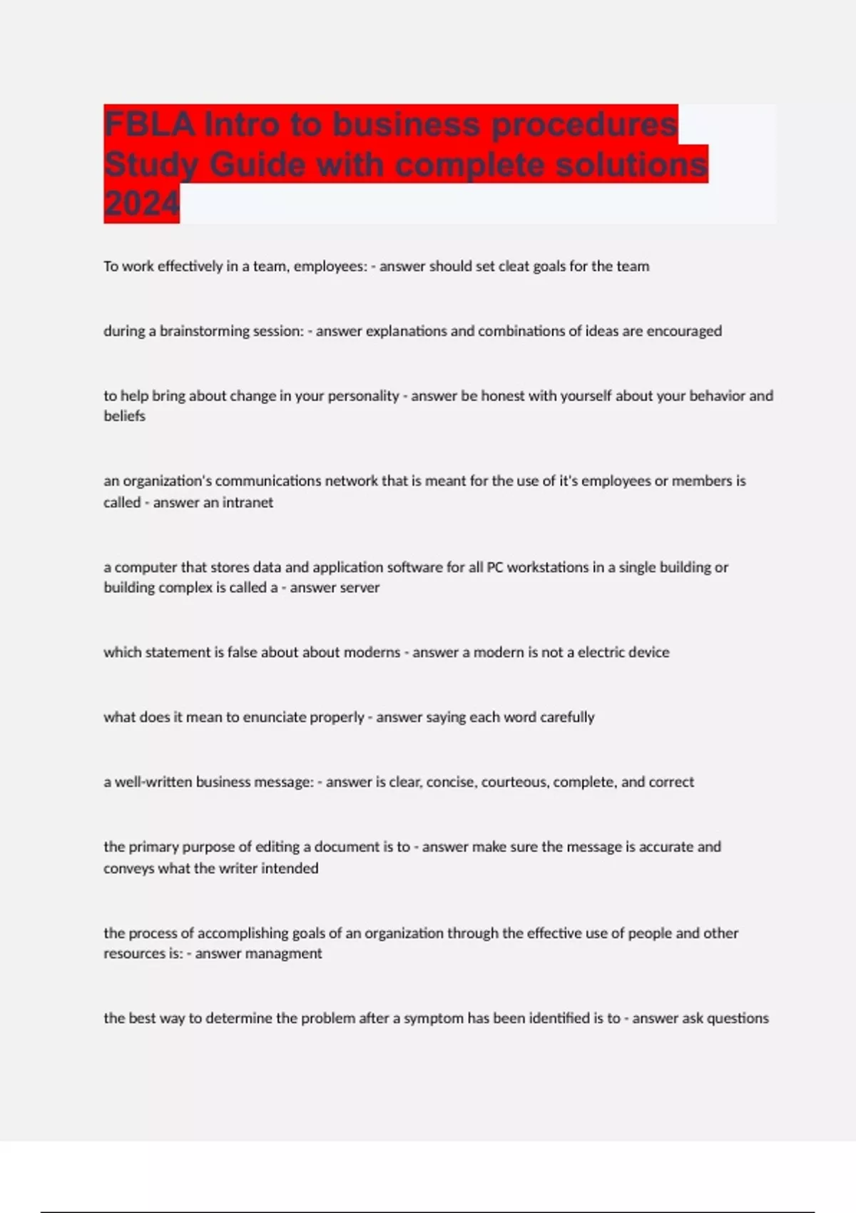 FBLA Intro to business procedures Study Guide with complete solutions ...