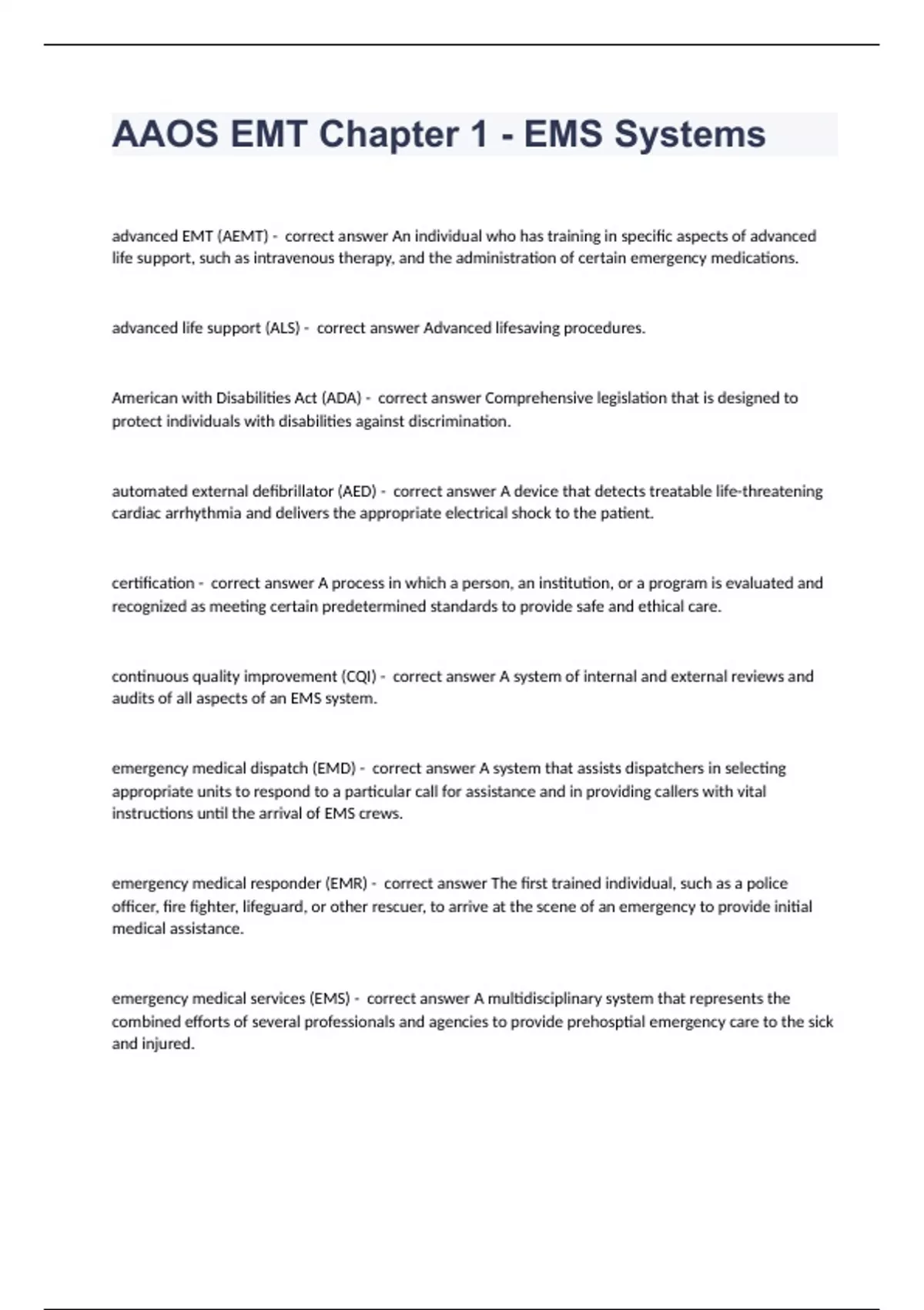 AAOS EMT Chapter 1 - EMS Systems Final Exam And Complete Answers - AAOS ...