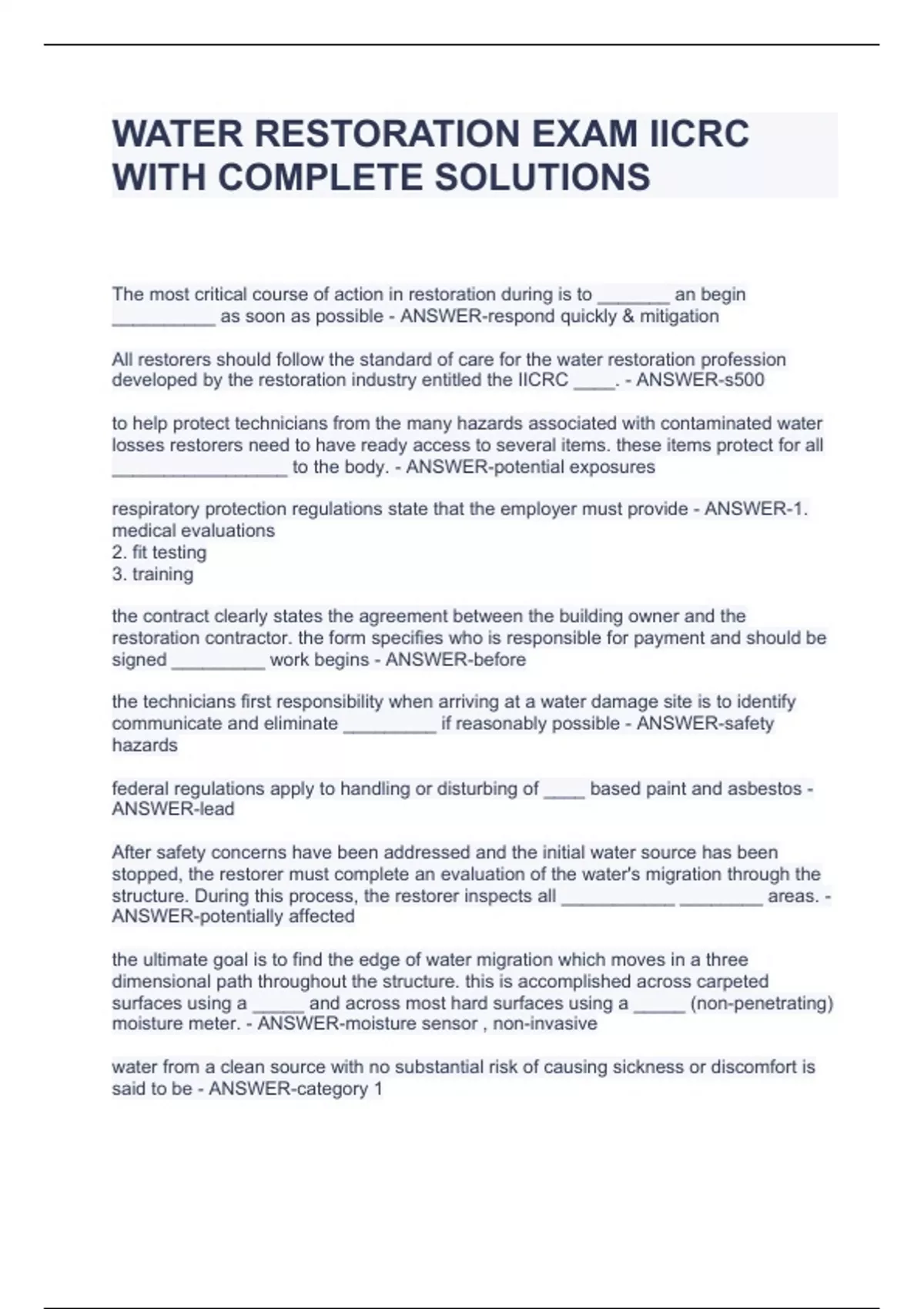 WATER RESTORATION EXAM IICRC WITH COMPLETE SOLUTIONS - WATER ...