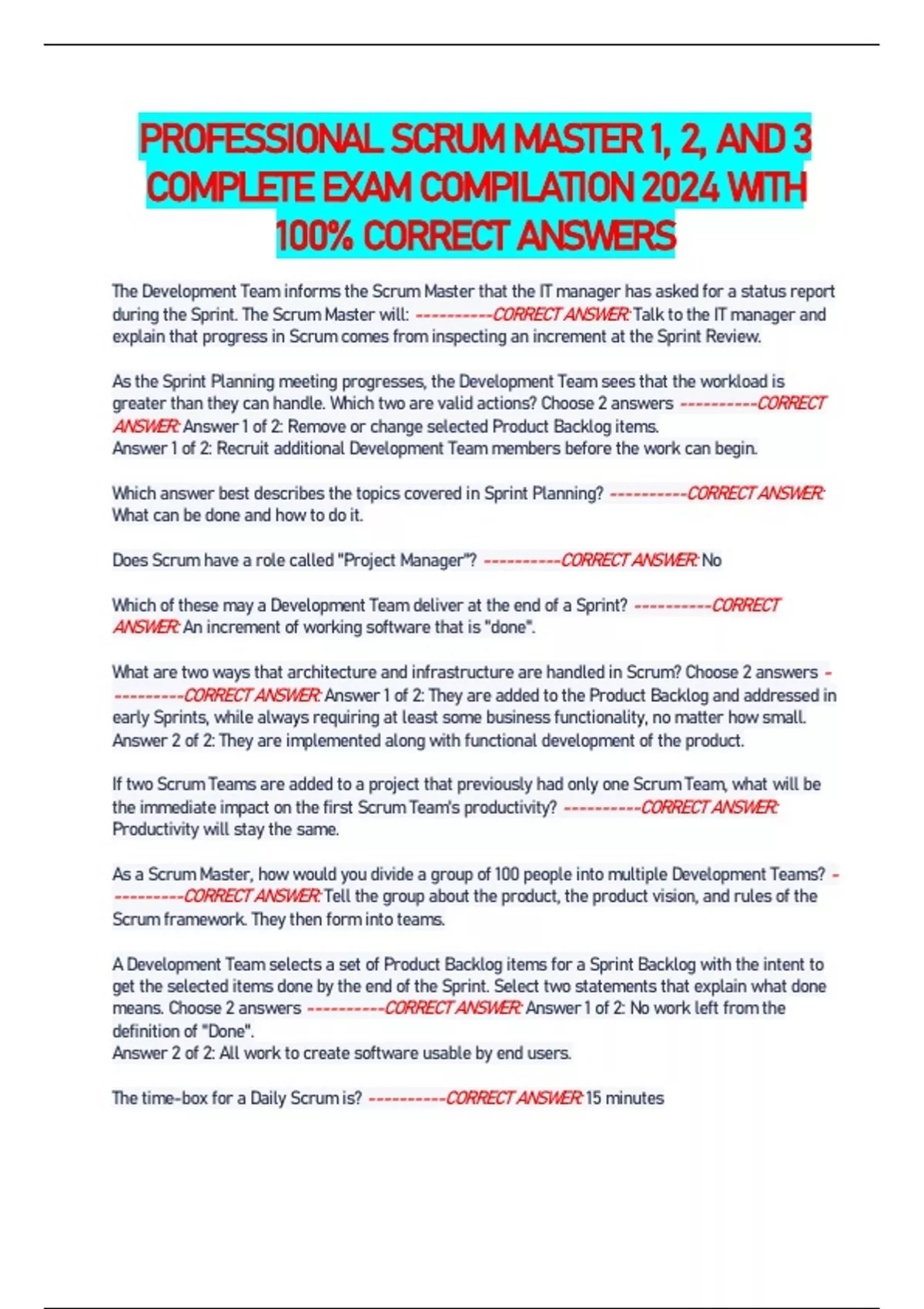 PROFESSIONAL SCRUM MASTER 1, 2, AND 3 COMPLETE EXAM COMPILATION 2024 ...