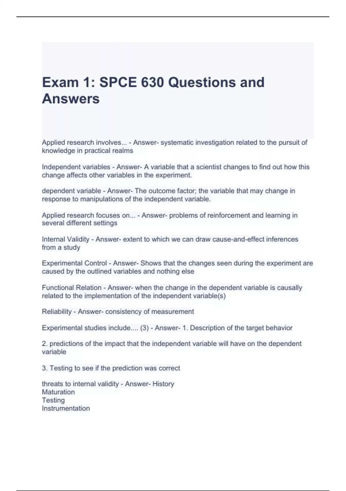 Exam 1 SPCE 630 Questions and Answers - SPCE 630 - Stuvia US