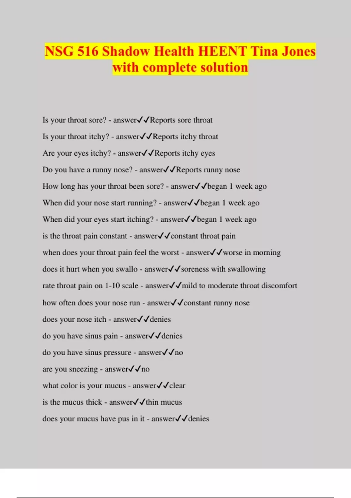 NSG 516 Shadow Health HEENT Tina Jones with complete solution - Shadow ...