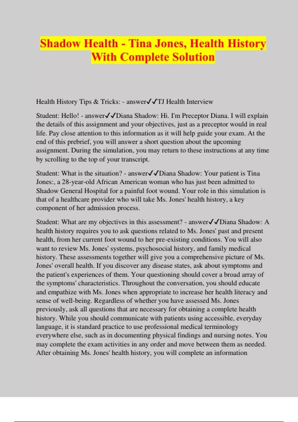 Shadow Health - Tina Jones, Health History With Complete Solution ...