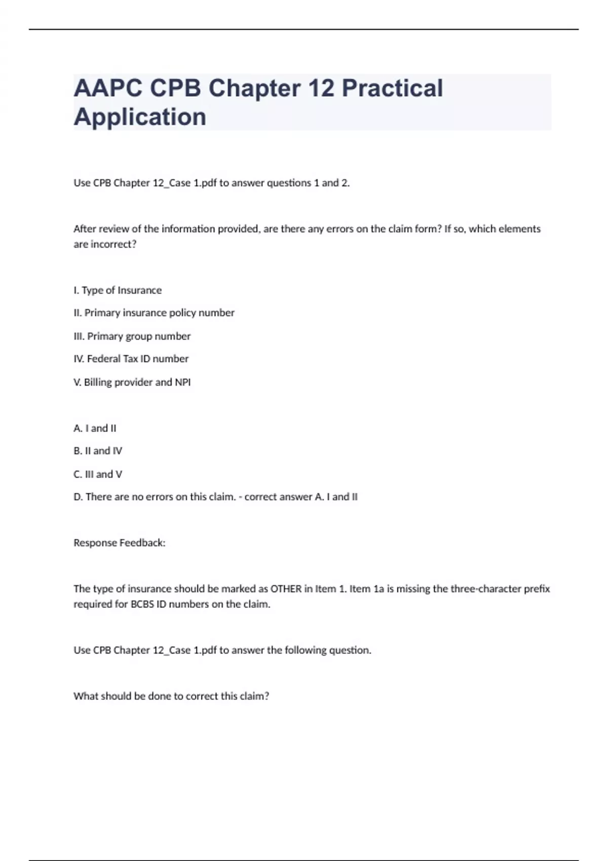 AAPC CPB Chapter 12 Practical Application Exam Questions And Answers - AAPC CPB - Stuvia US