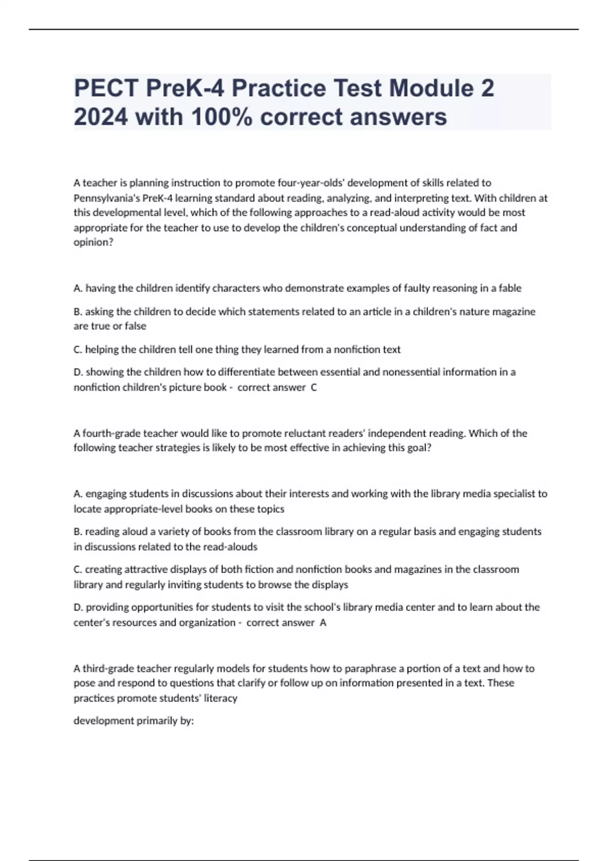 PECT PreK-4 Practice Test Module 2 2024 with 100% correct answers ...