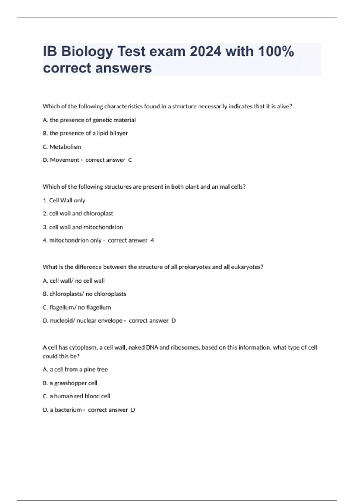 IB Biology Test exam 2024 with 100% correct answers - IB Biology ...