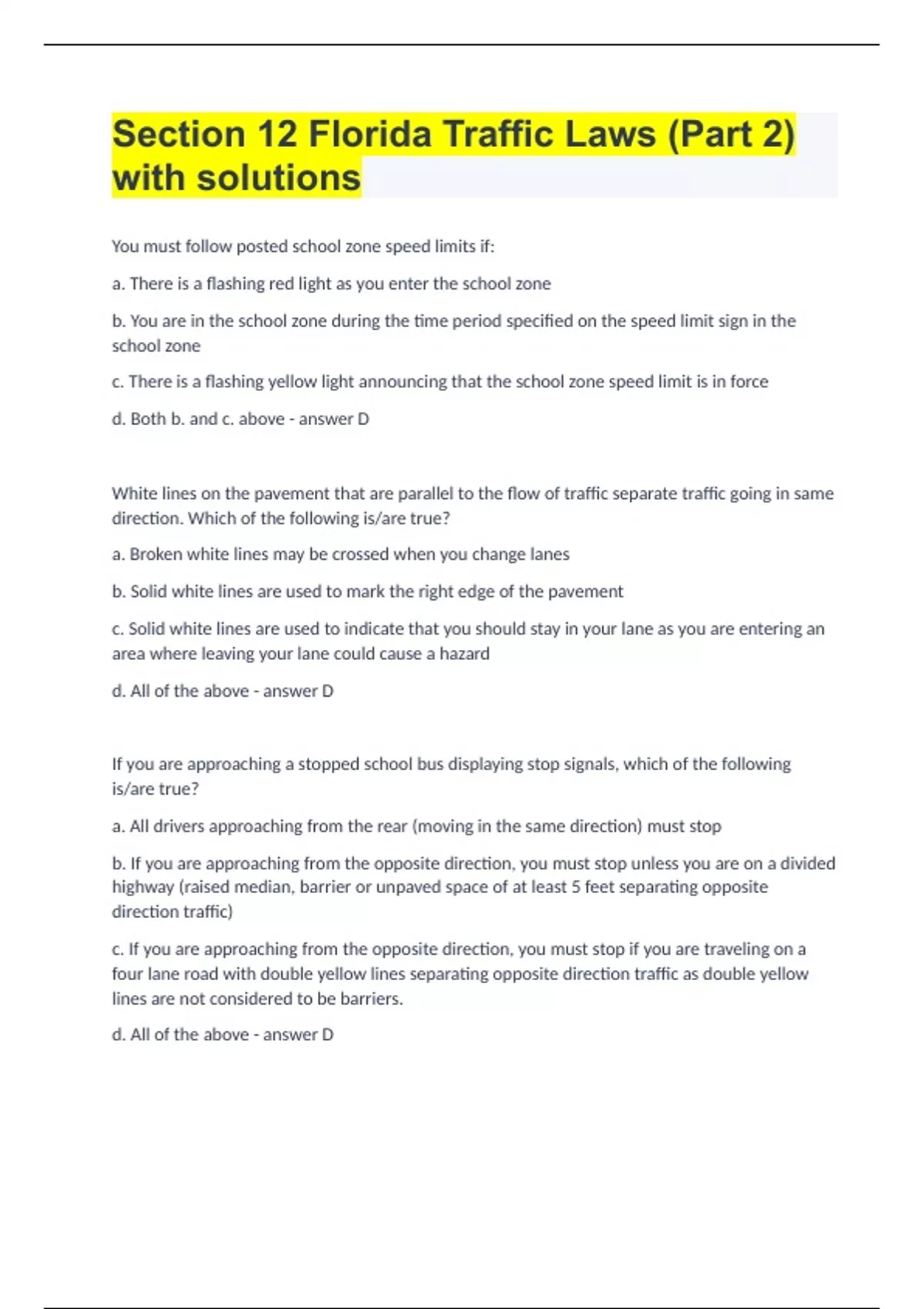 Section 12 Florida Traffic Laws (Part 2) with solutions - Florida Laws ...