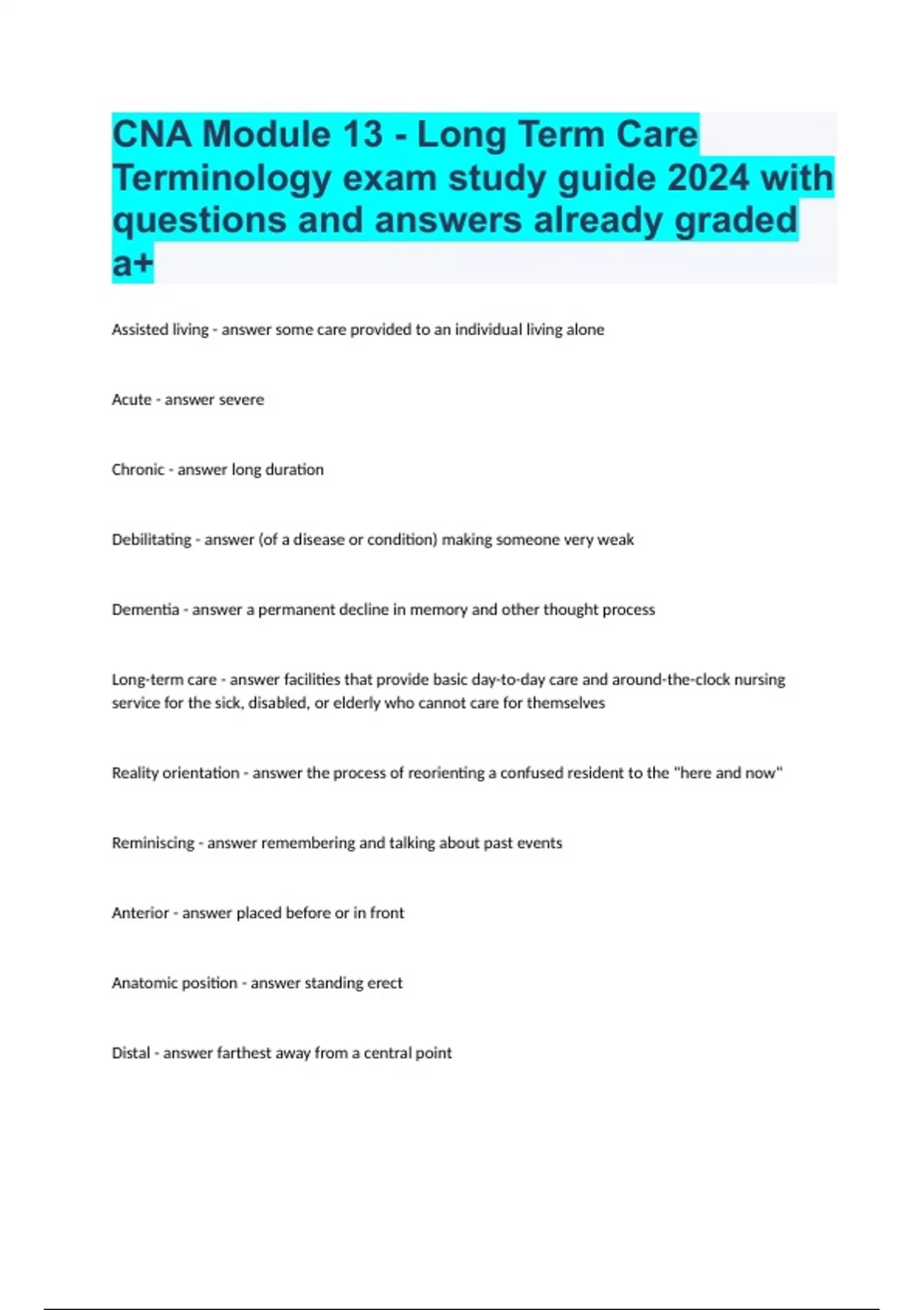 CNA Module 13 - Long Term Care Terminology exam study guide 2024 with ...