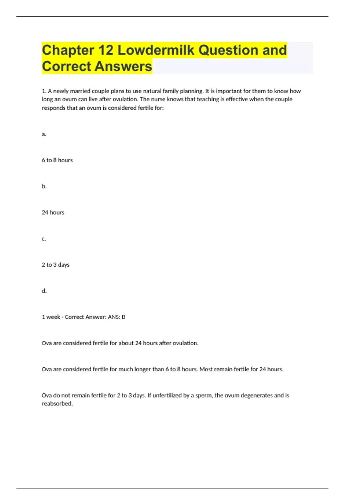 Chapter 12 Lowdermilk Question and Correct Answers - Maternity and Women\'s Health Care - Stuvia US