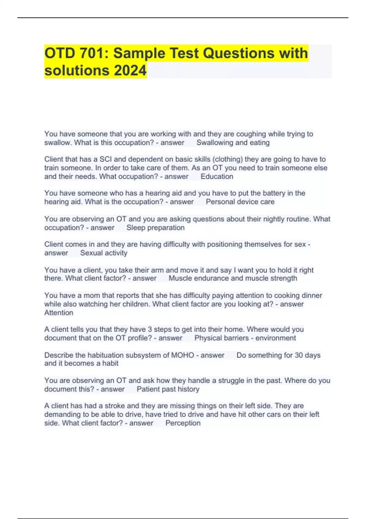 OTD 701: Sample Test Questions with solutions 2024 - OTD - Stuvia US