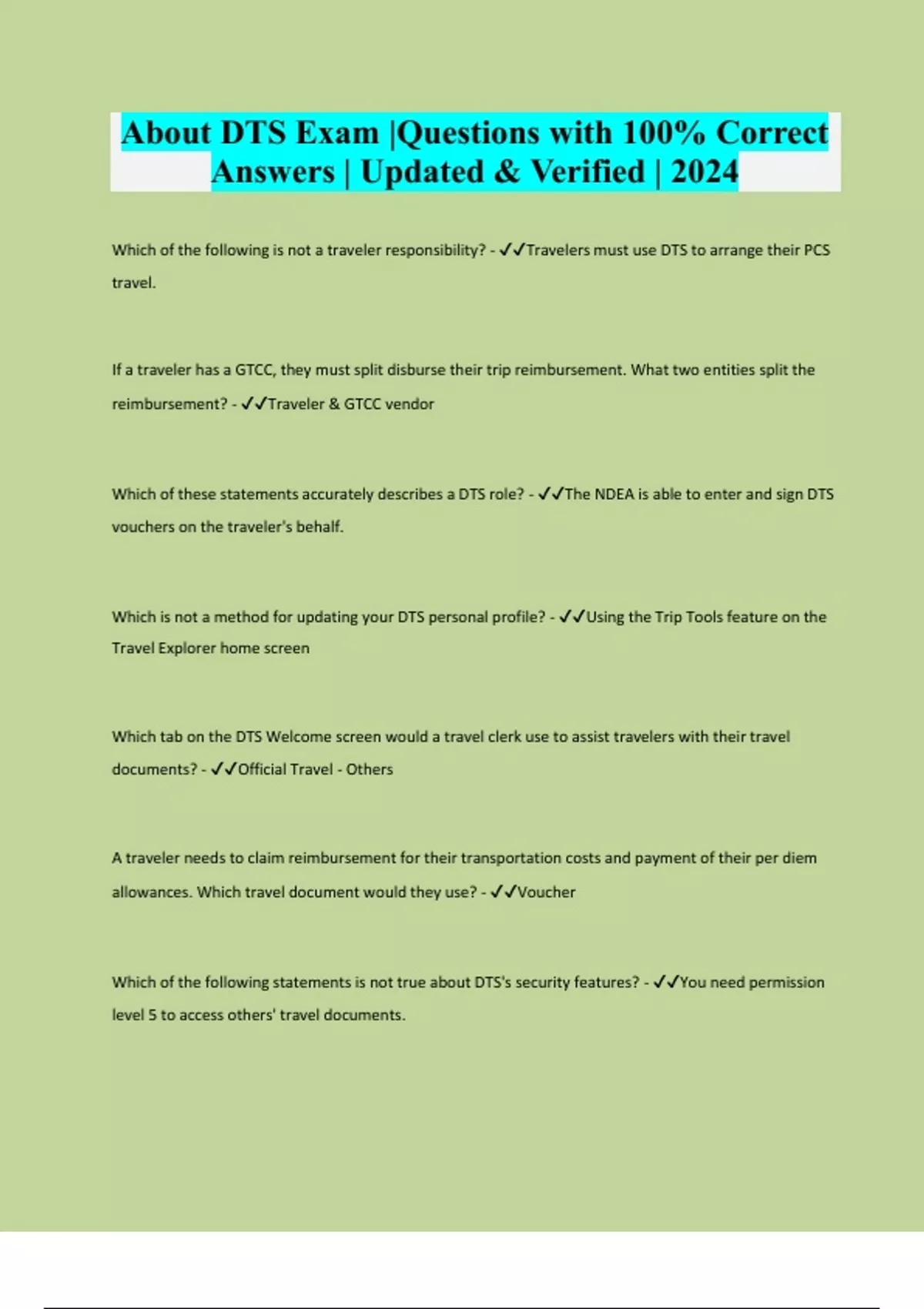 About DTS Exam |Questions with 100% Correct Answers | Updated ...