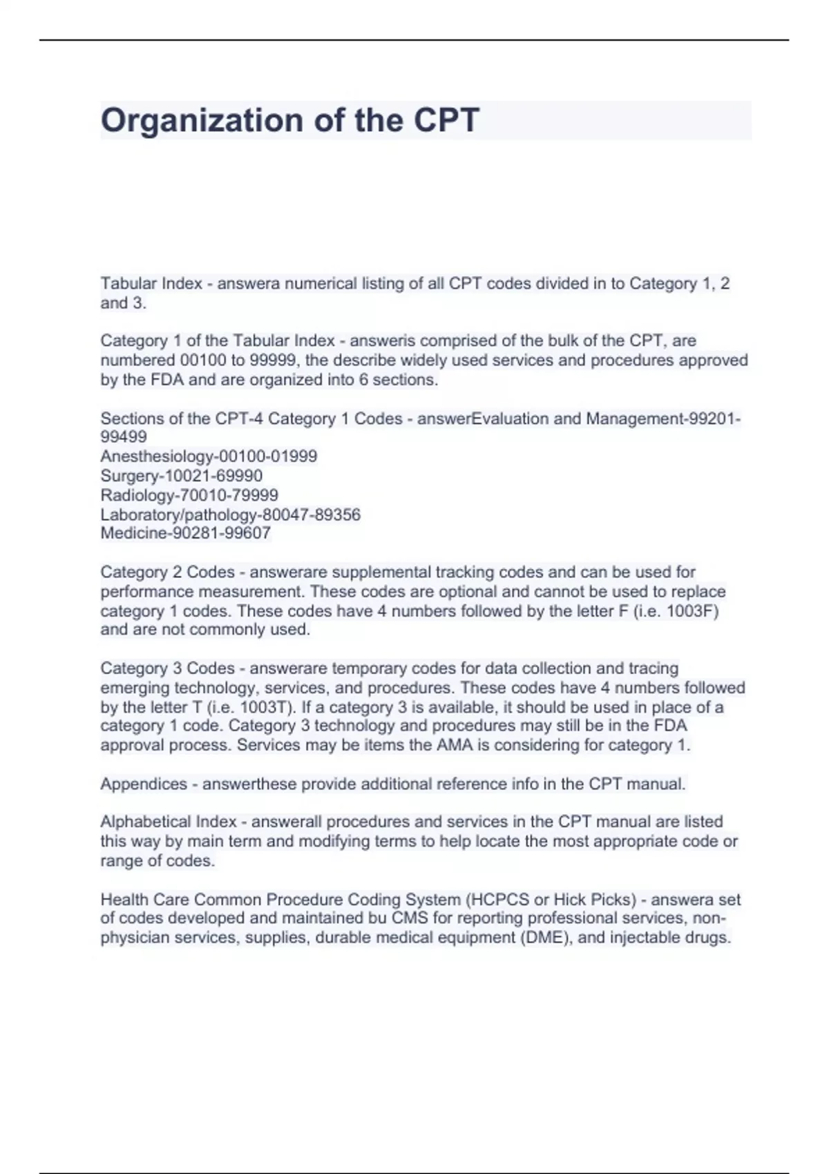 Organization of the CPT Questions and Answers Fully solved 2024 - CPT ...