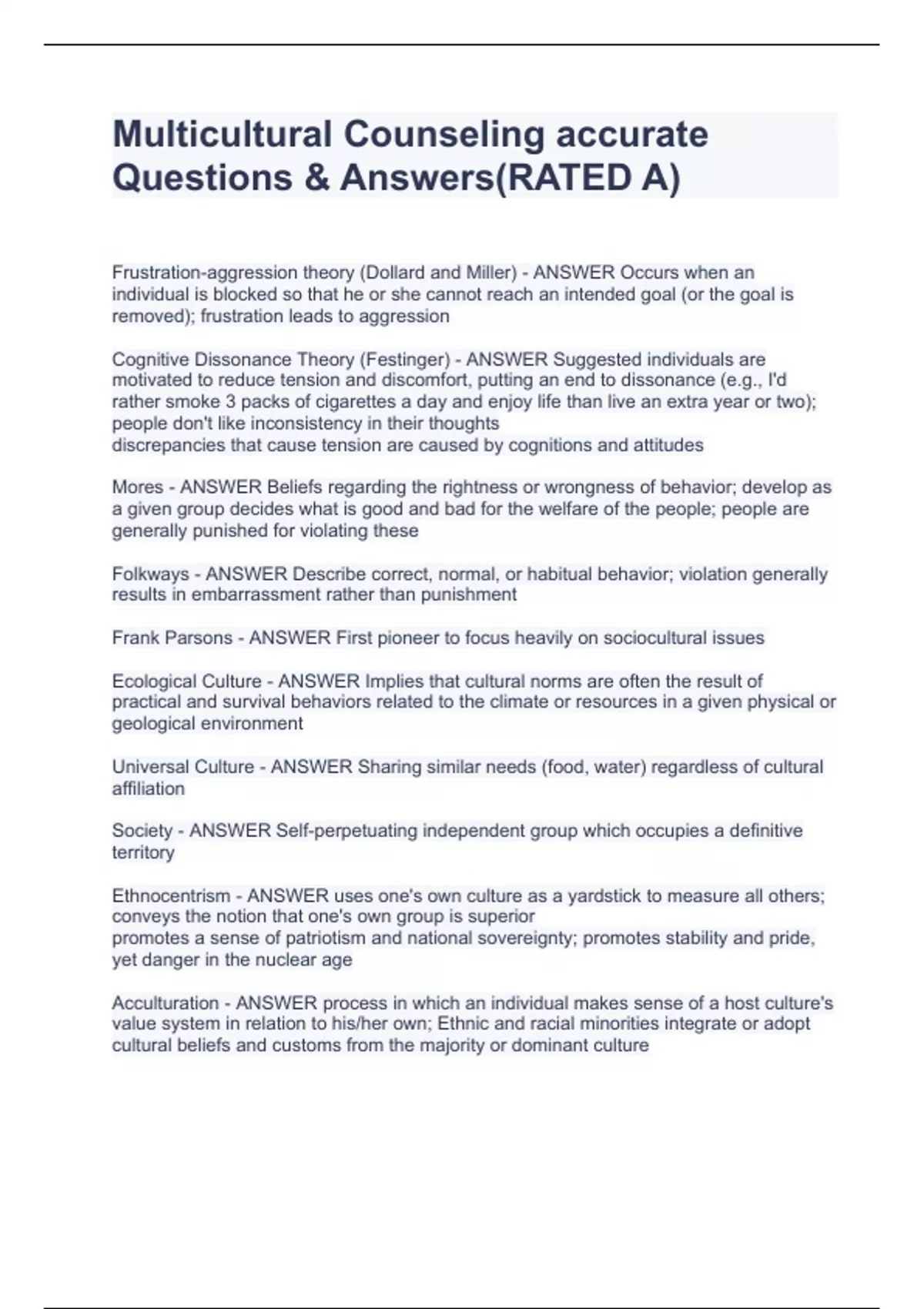 Multicultural Counseling accurate Questions & Answers(RATED A ...