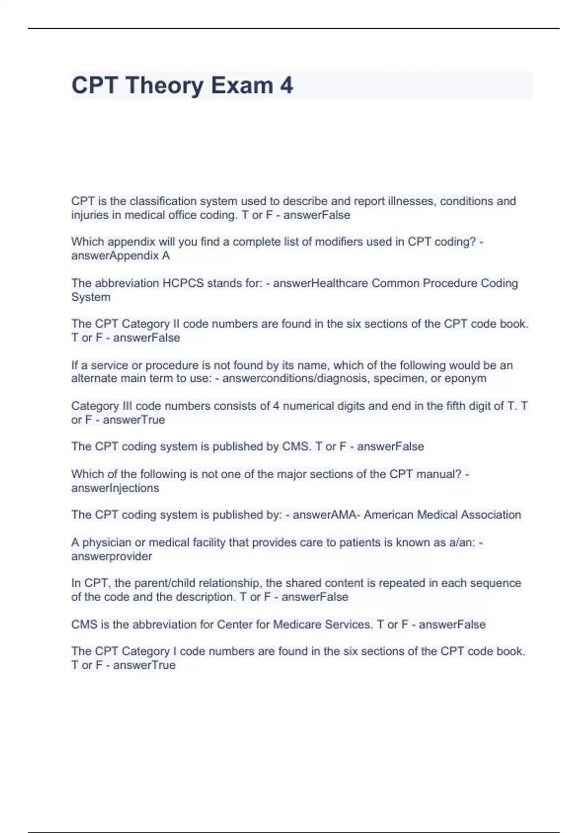 CPT Theory Exam 4 Questions and Answers 100% Verified - CPT - Stuvia US